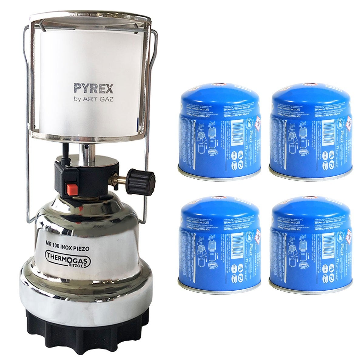 Lámpara de gas + 4 cartuchos de gas 190 gr Linterna carcasa de acero ...