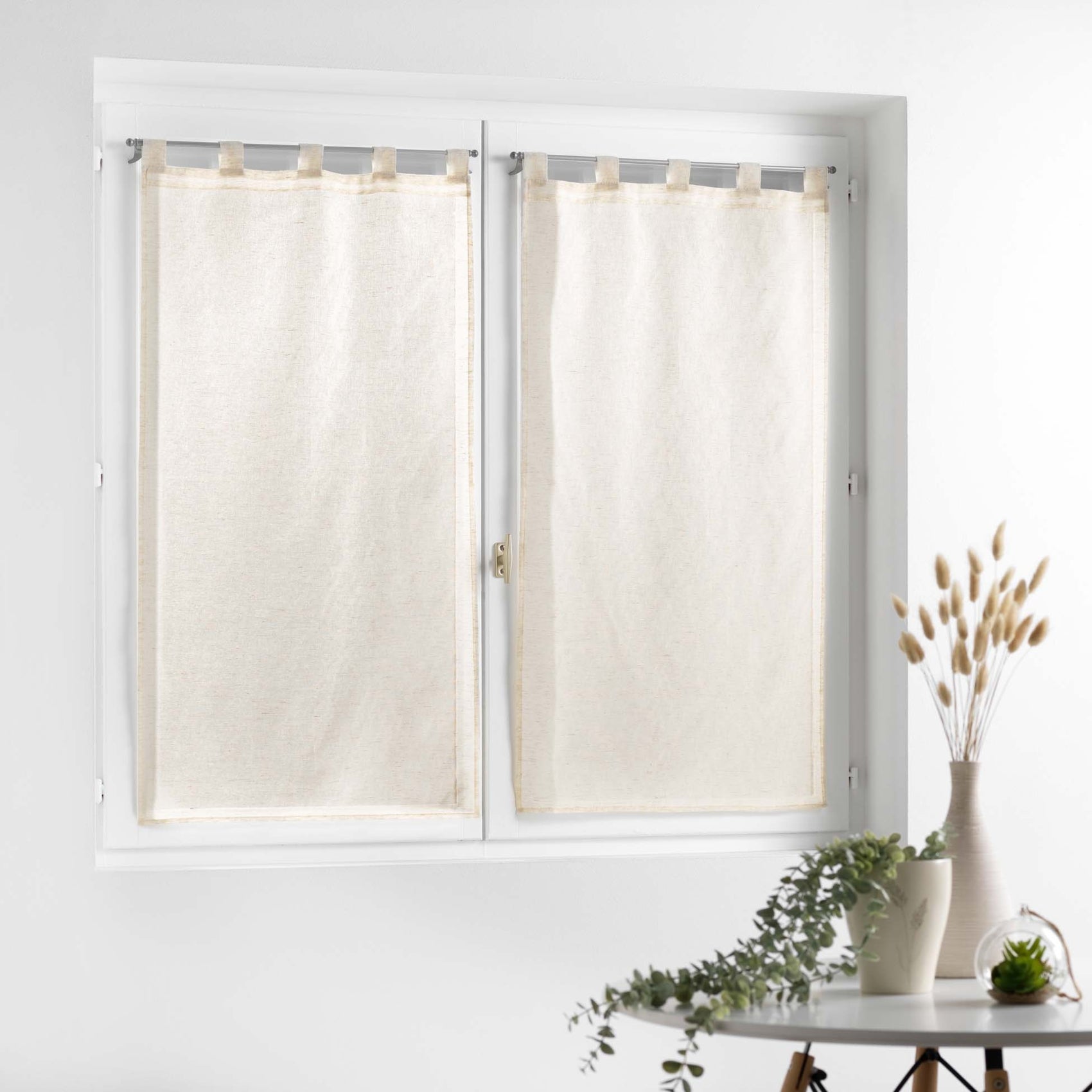 Paire de petits voilages - - Effet lin tissé - Beige - 60x120 cm - Poly ...