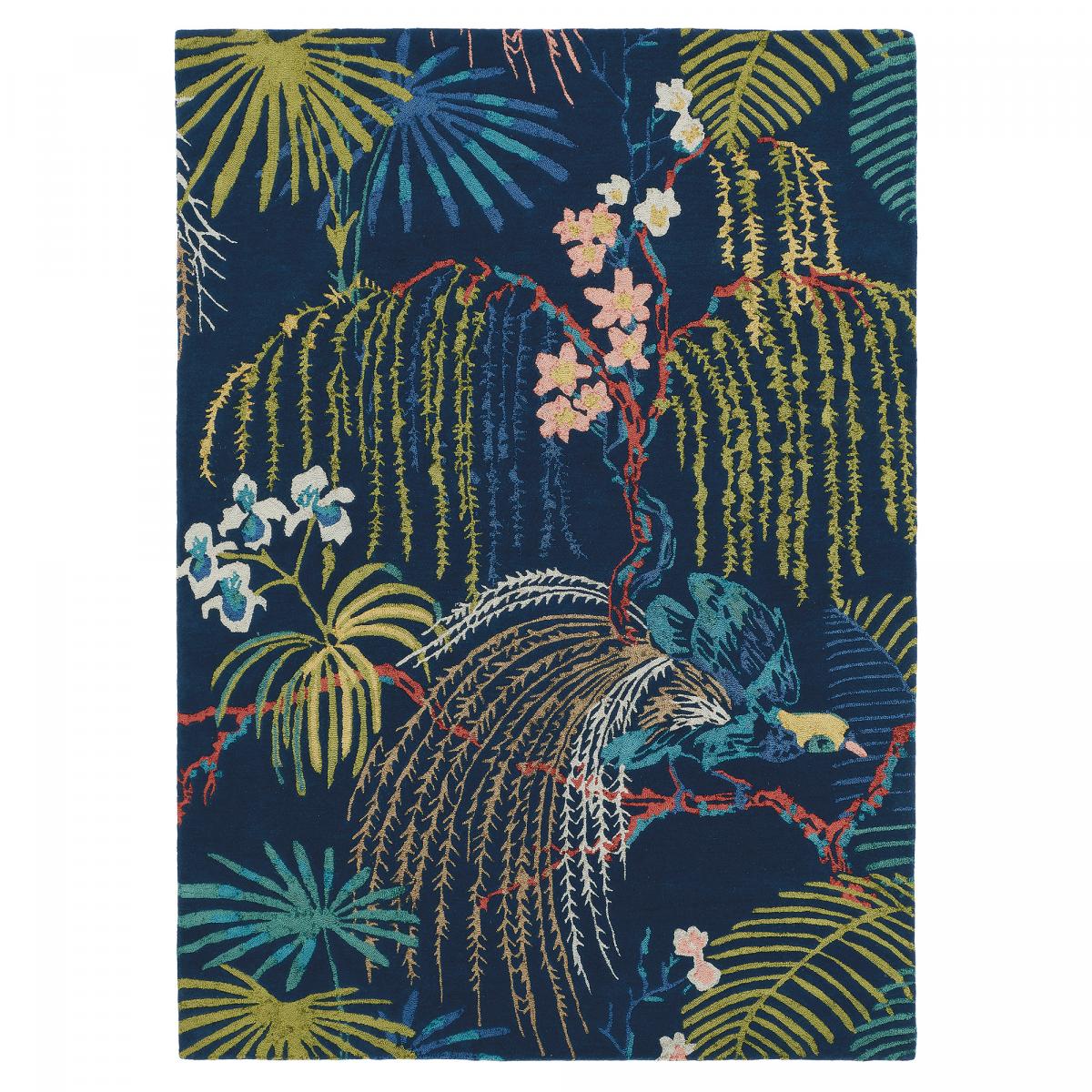 Tapis salon 200x280 fait à la main en laine bleu marine et vert motif ...