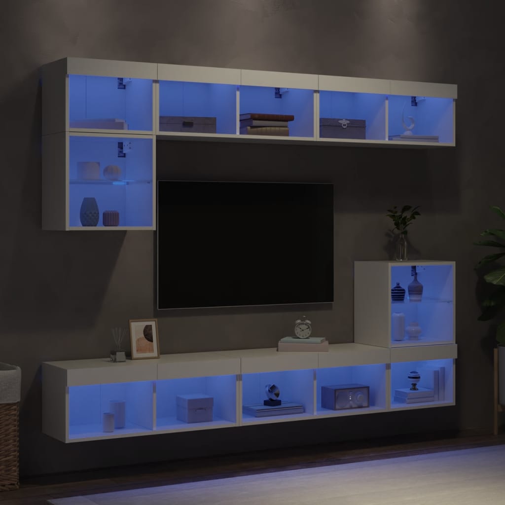 Muebles de pared para TV con LED, 8 piezas, madera de ingeniería blanca ...