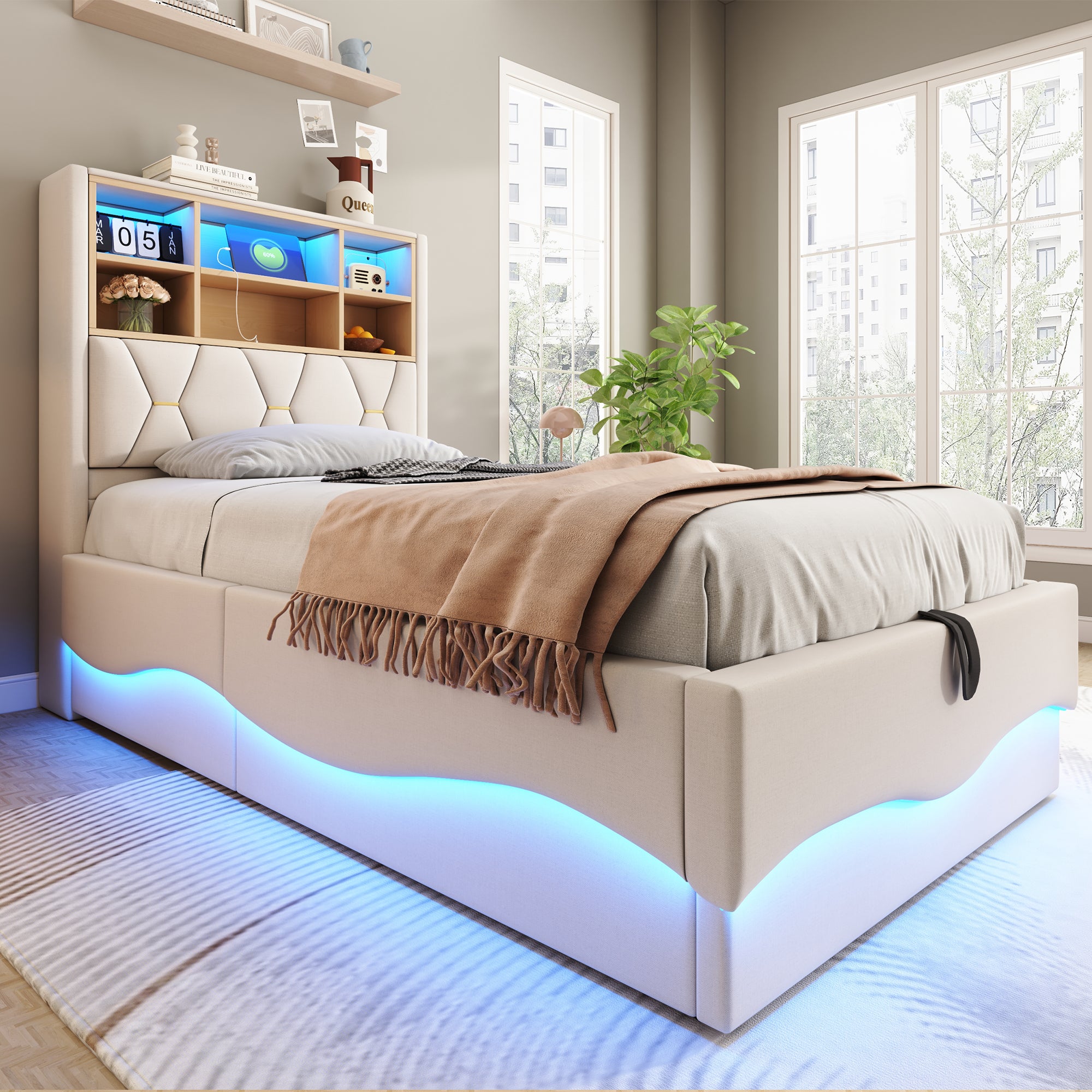 Cama Arcón 90x200 cm, LED vía App, Puerto USB, Estructura Metal, Beige ...