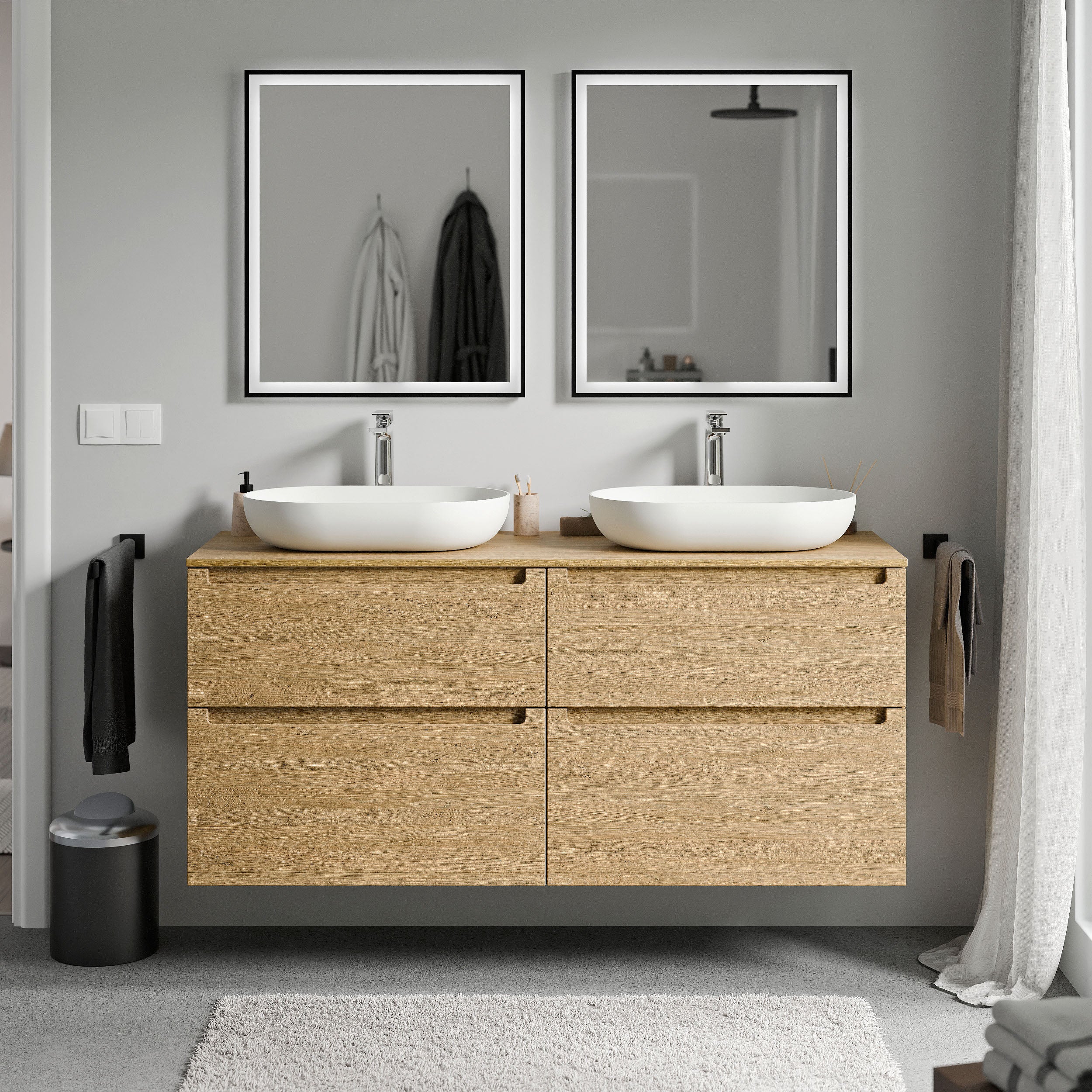 BERNSTEIN - Meuble sous vasque suspendu MDF Chêne miel, plan vasque ...