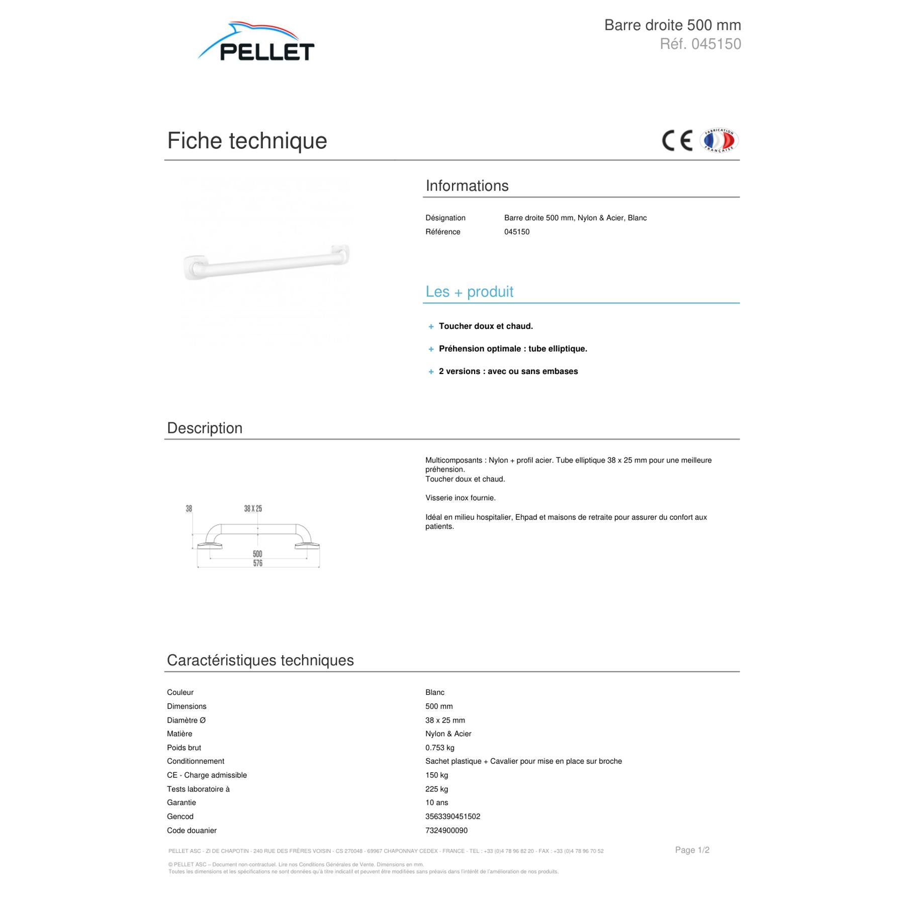 Barre PMR d'appui normes handicapé Gamme PRO PELLET longueur 50cm ...