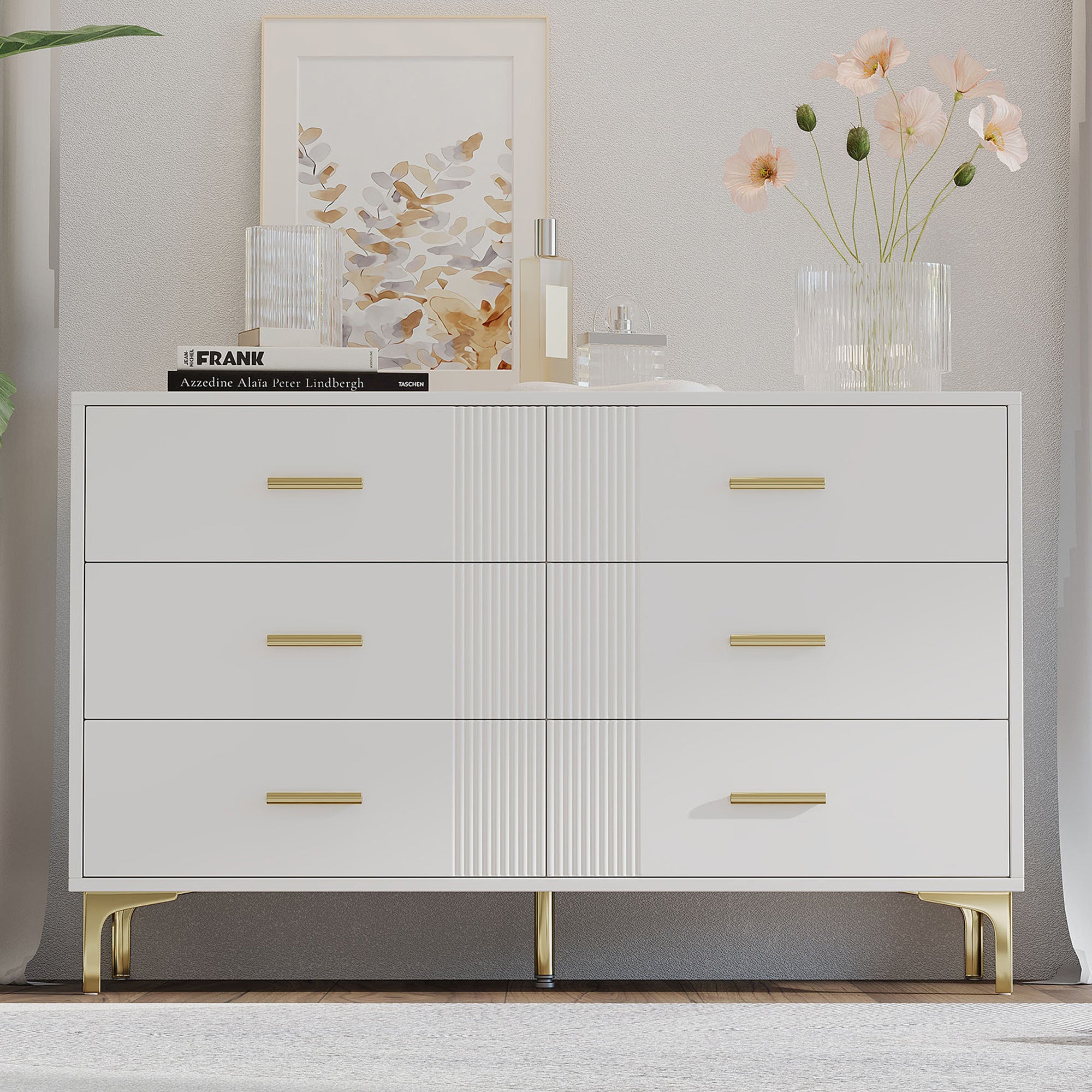 Commode 6 tiroirs - 120 x 40 x 76 cm - MDF et pieds en métal - pour salon et chambre - Blanc ...