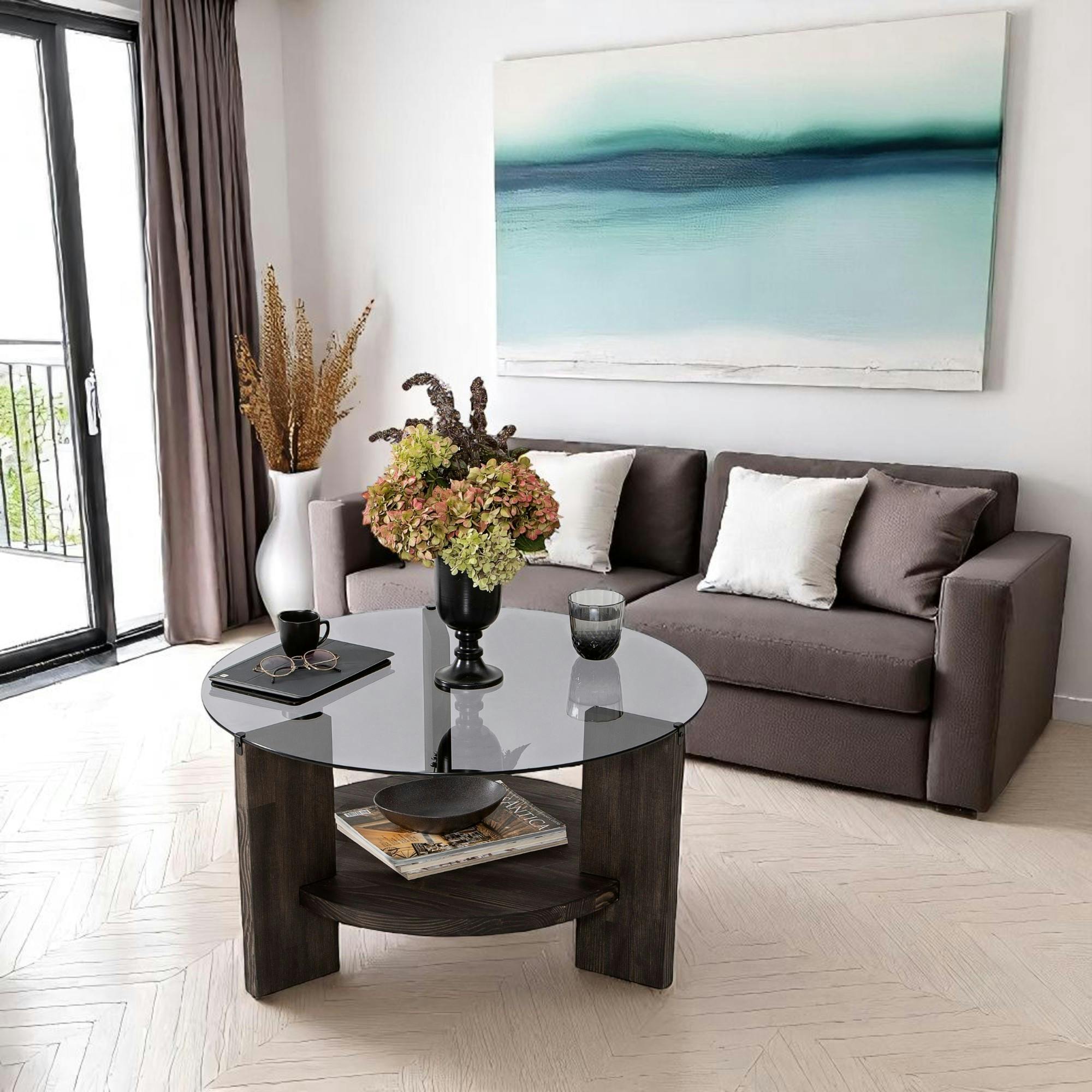 Table basse ronde verre fumé - 2 plateaux anthracite ANZIO | Leroy Merlin