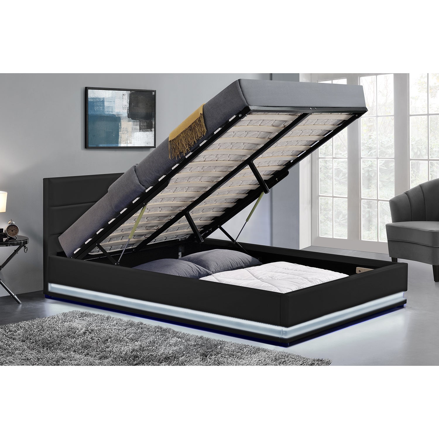 NEWYORK Estructura de cama negra con caja de almacenaje y LED 160 x 200 ...