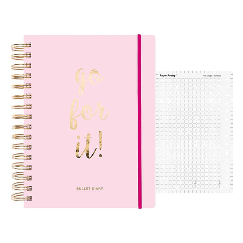 Agenda Bullet journal rose à spirales 96 feuilles + Pochoir lettres et ...