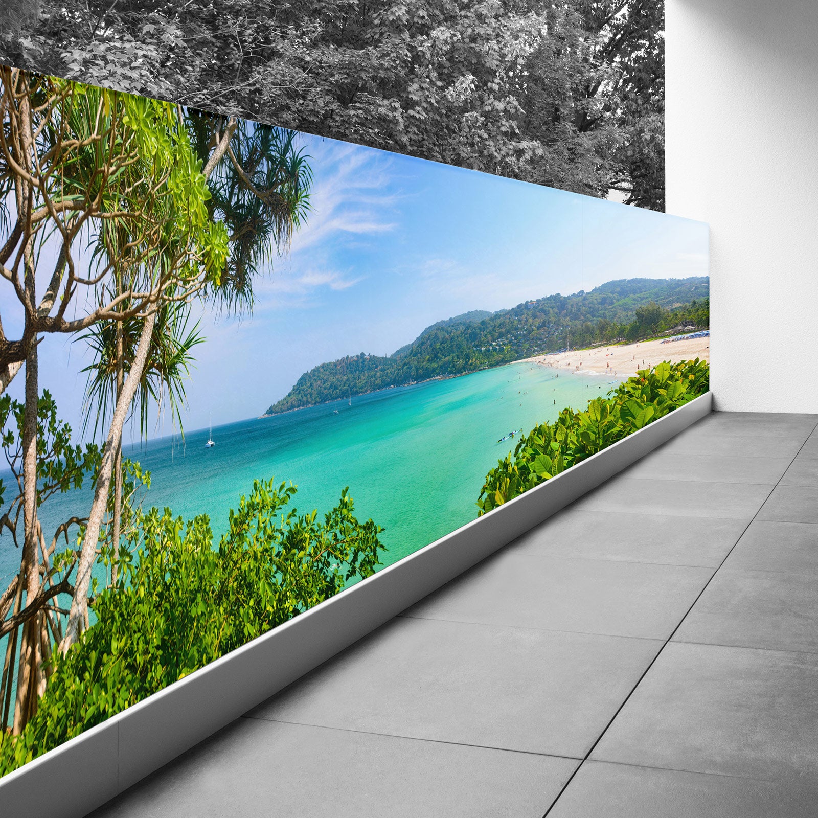 Brise vue Trompe l'oeil - 110x330 cm - Vue sur la plage - Bâche 100% d ...