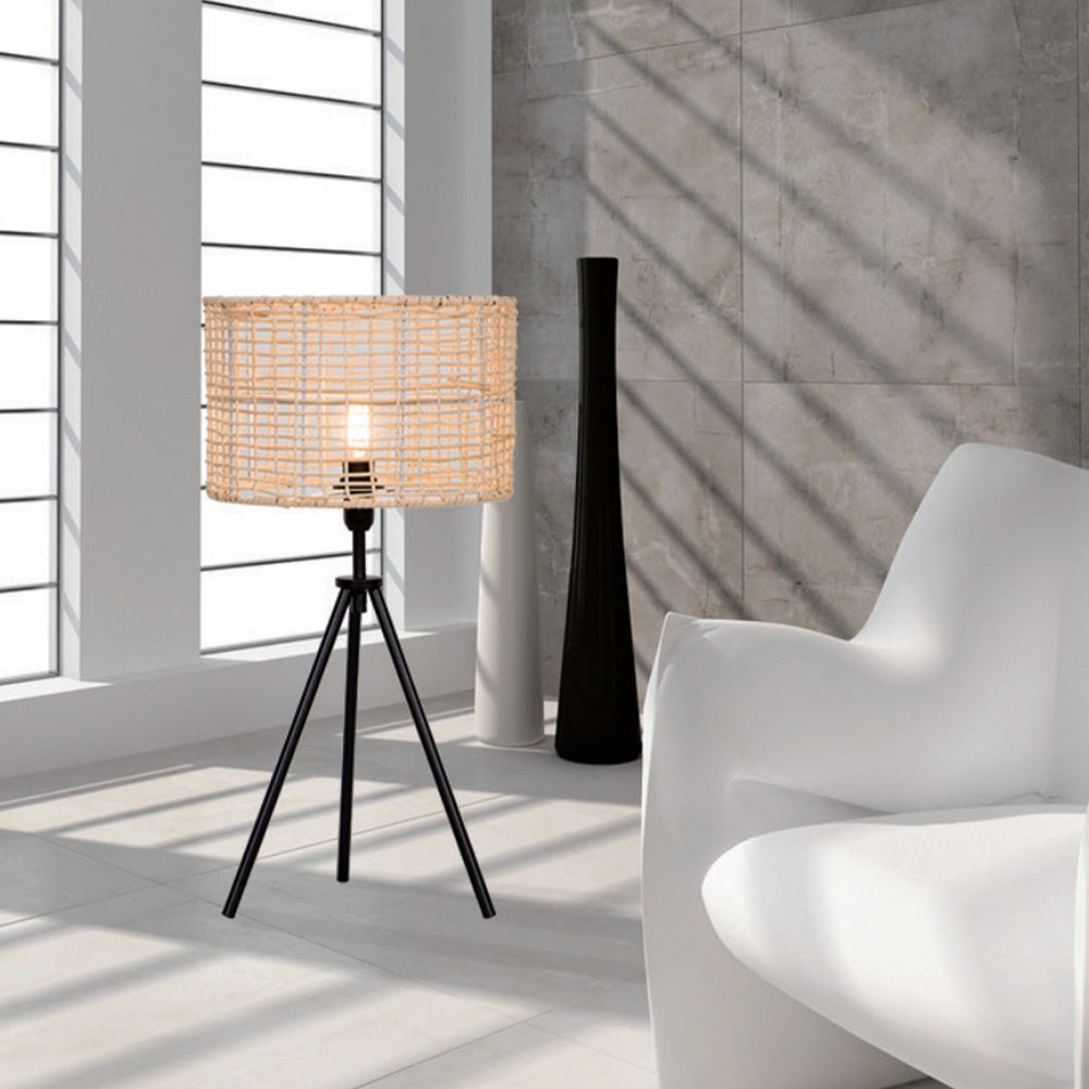 Lampe moderne Bora métal noir et rotin naturel compatible LED | Leroy ...