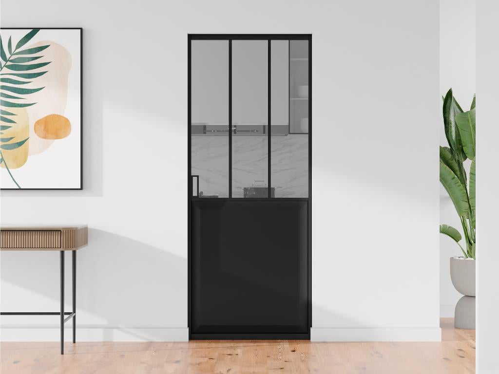 Porte coulissante atelier avec système à galandage - Noir et verre ...
