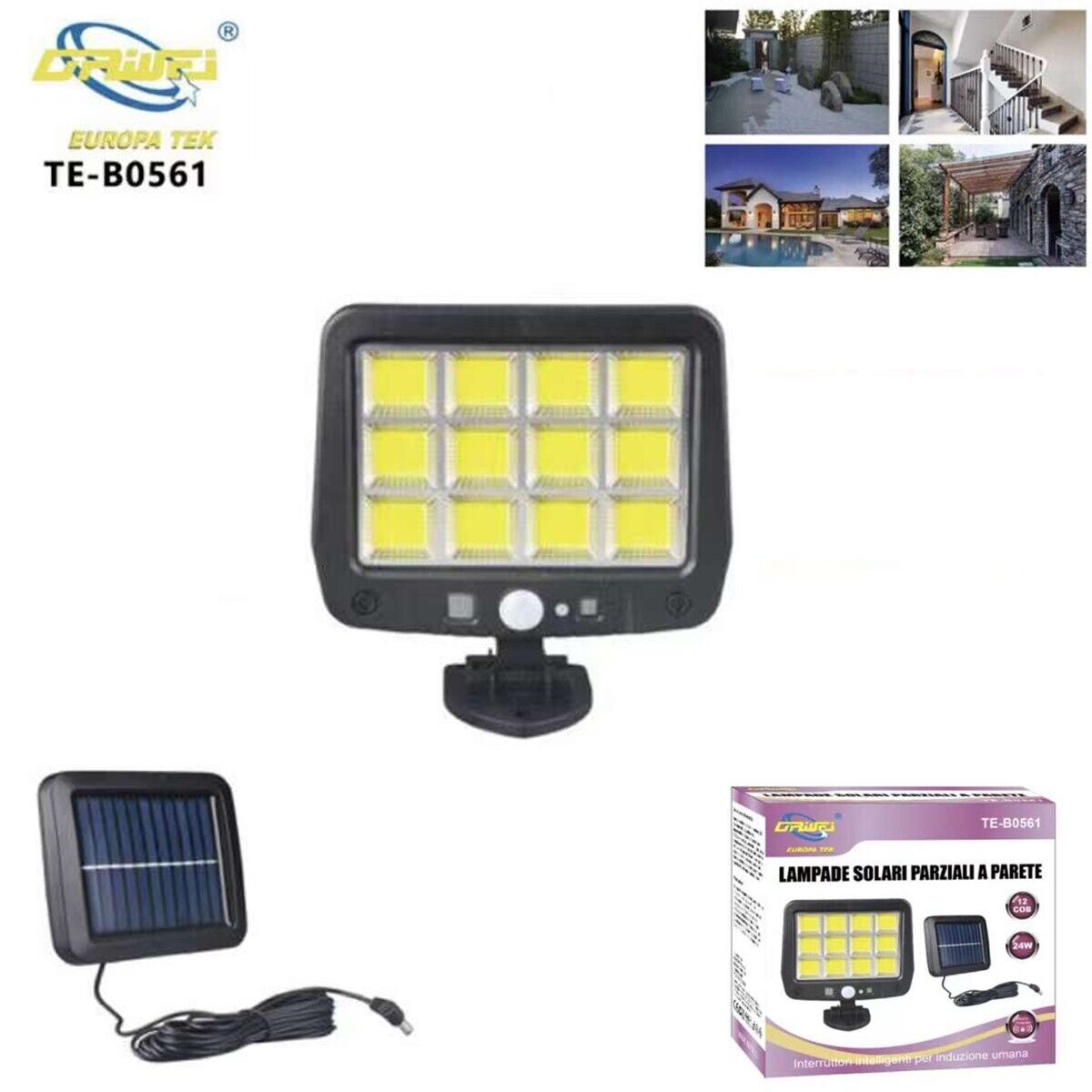 FOCO 12 LED COB 24W PANEL SOLAR EXTERNO SENSOR DE MOVIMIENTO CREPÚSCULO ...