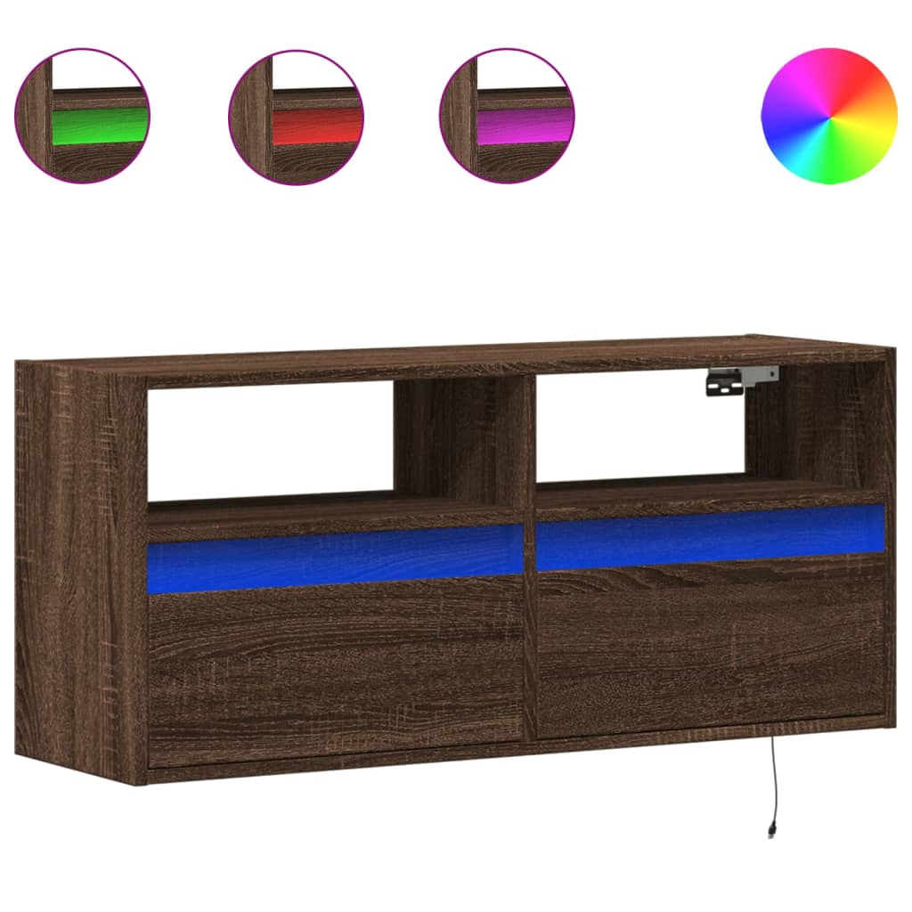 Mueble TV de pared | Mueble de salón con luces LED marrón roble ...