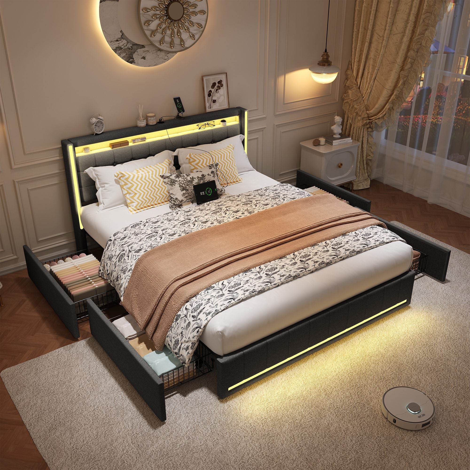 Lit 160x200cm - Lit Double avec LED, 4 Tiroirs et Tête de Lit avec ...