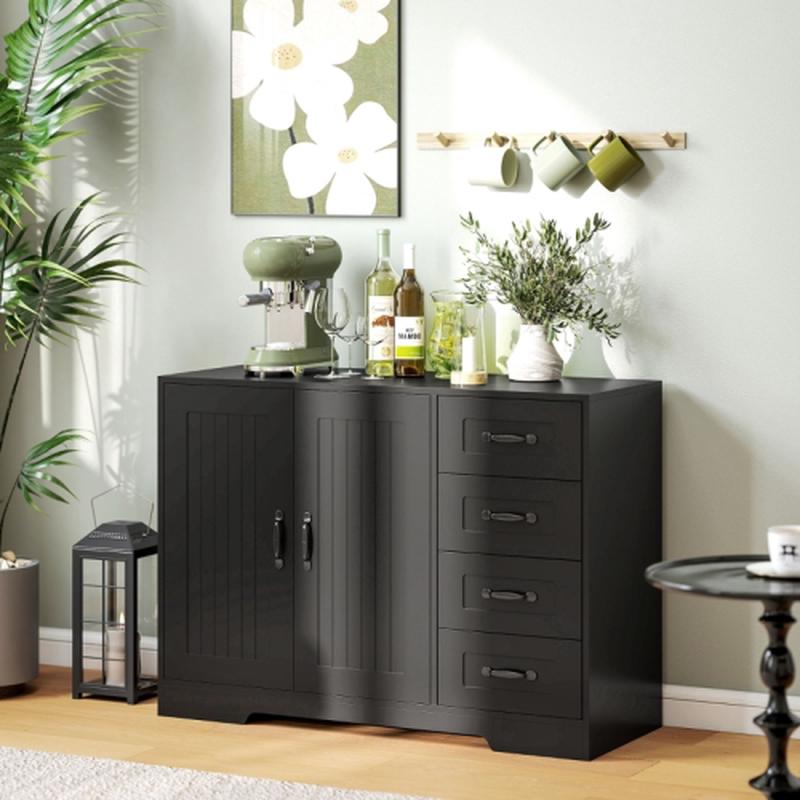Buffet sideboard noir avec 4 tiroirs et placard, meuble de rangement ...