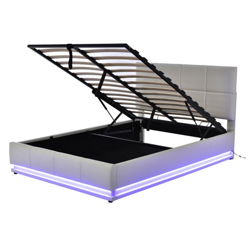 Cama tapizada + LED + Estructura de listones de metal + Gris + 140 x ...