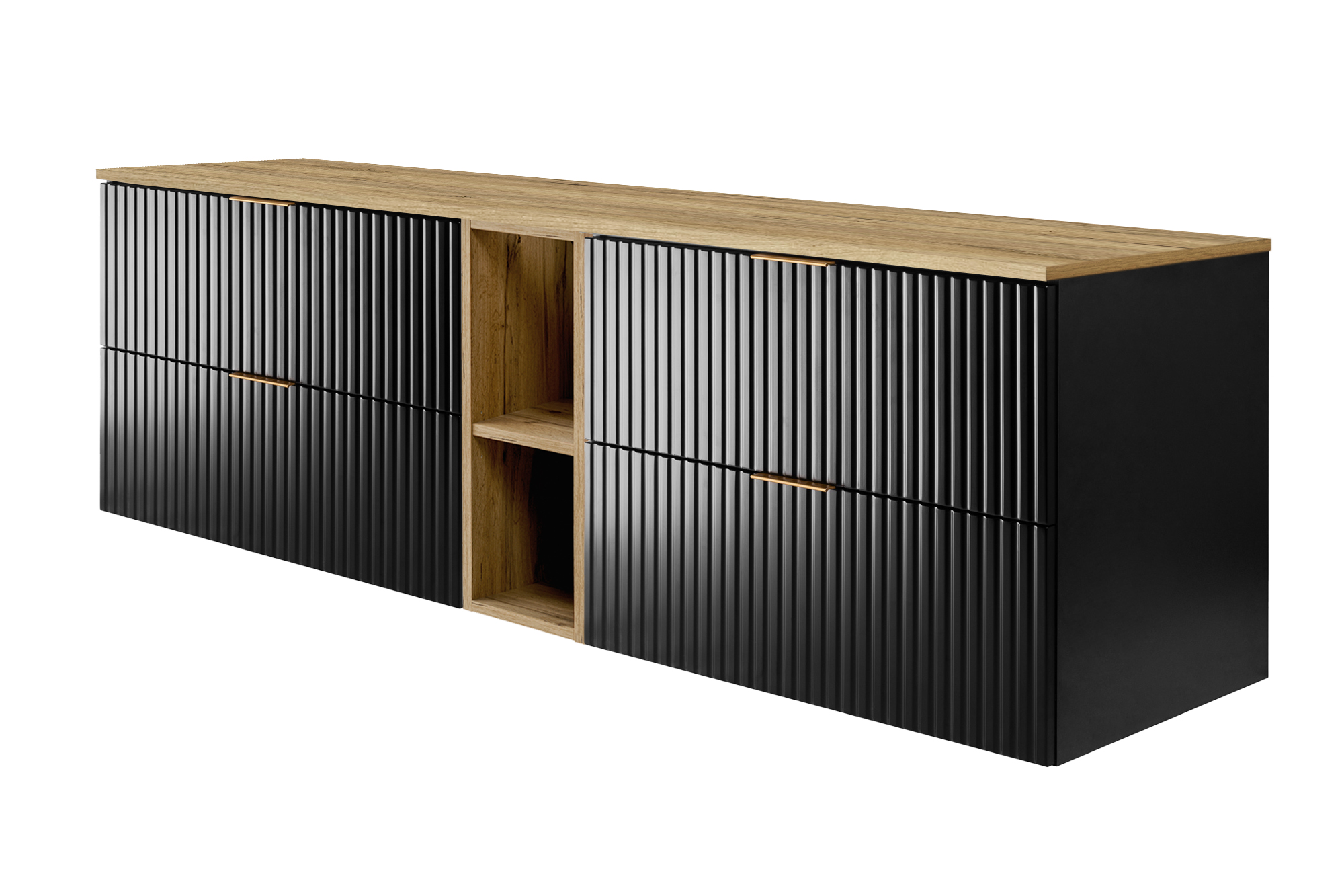 Mueble de lavabo, Negro / Roble Craft + tirador dorado, 180(2 x 80 + 20 ...