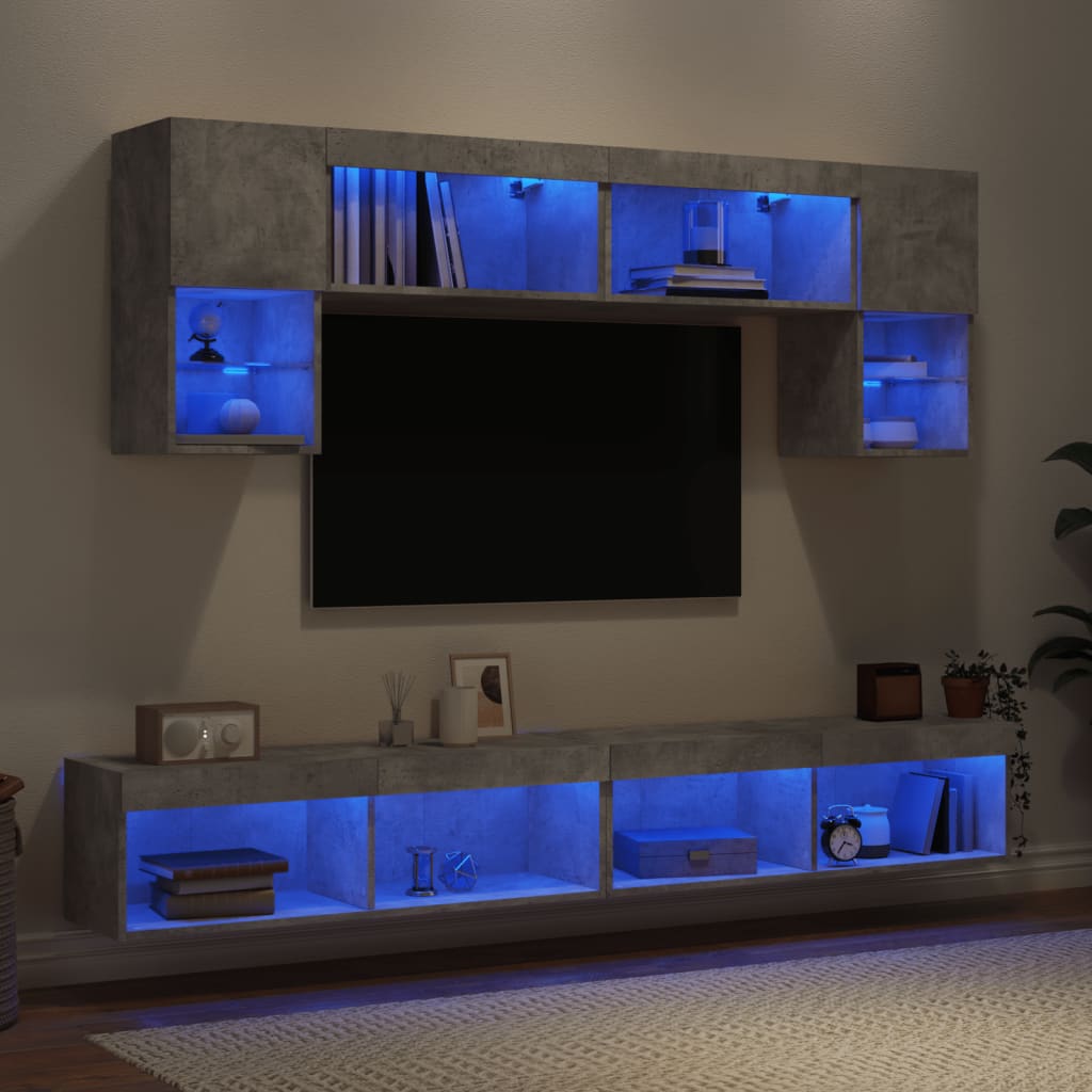 Muebles TV pared con LED 6 pzas madera ingeniería gris hormigón | Leroy ...