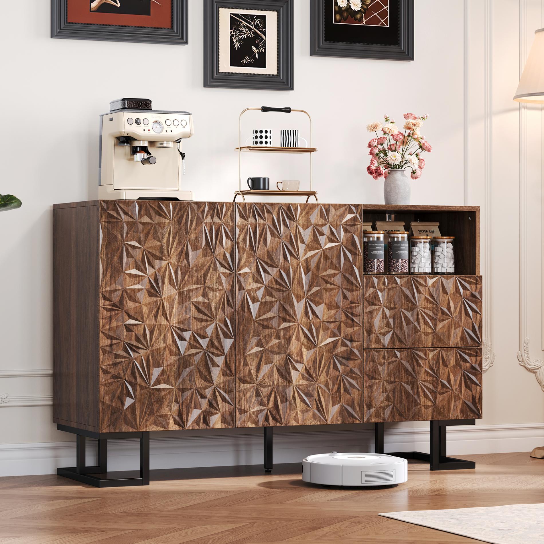 Buffet Noyer Foncé "Blattpoesie" Relief Feuilles 120x40 cm – 2 Portes ...