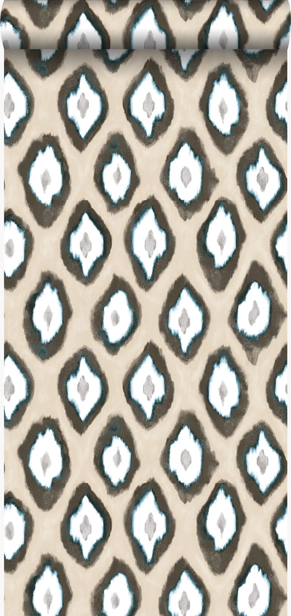 Papier peint imitation d'ikat beige et turquoise - 53 cm x 10.05 m ...