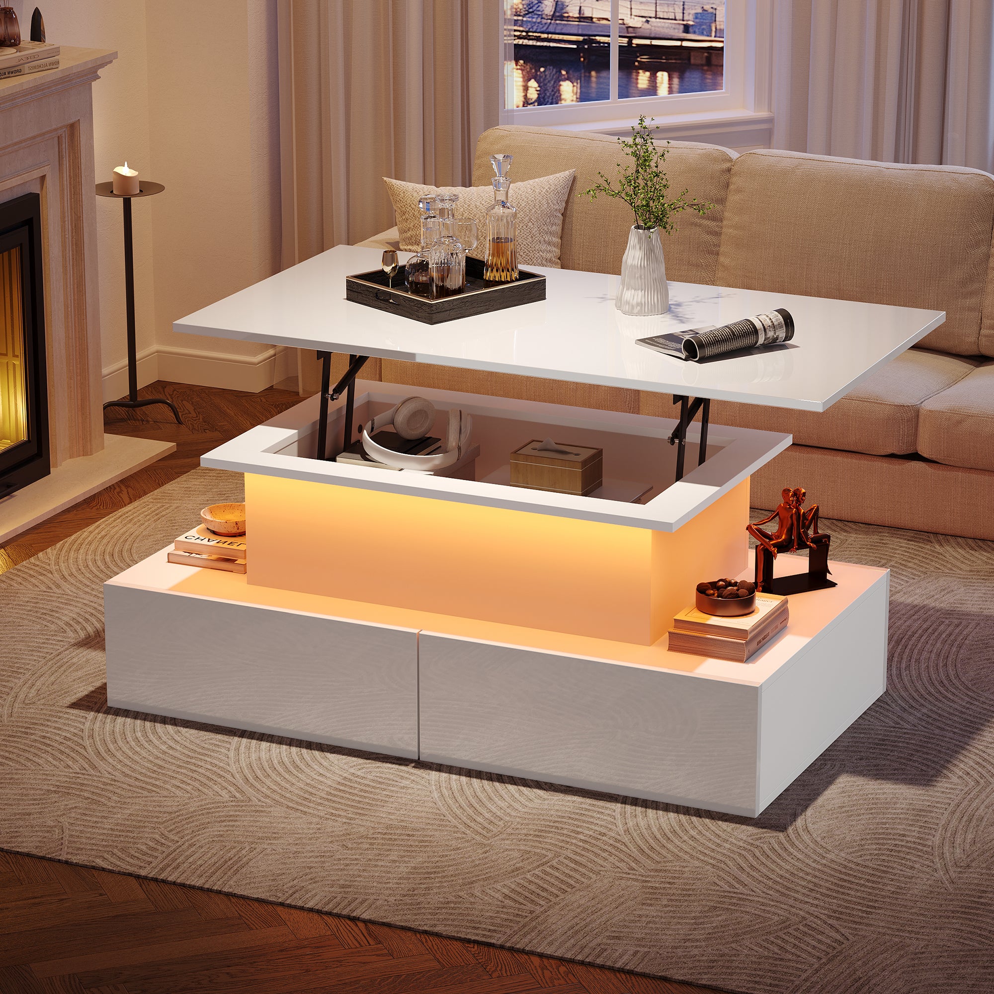 Table basse relevable blanche brillance avec éclairage LED et 4 tiroirs ...