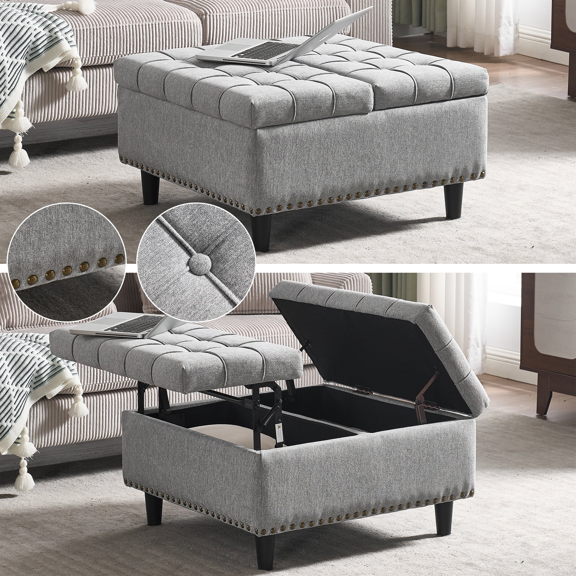Banco Elevable con Almacenamiento (Gris) | Silla Cuadrada Acolchada ...