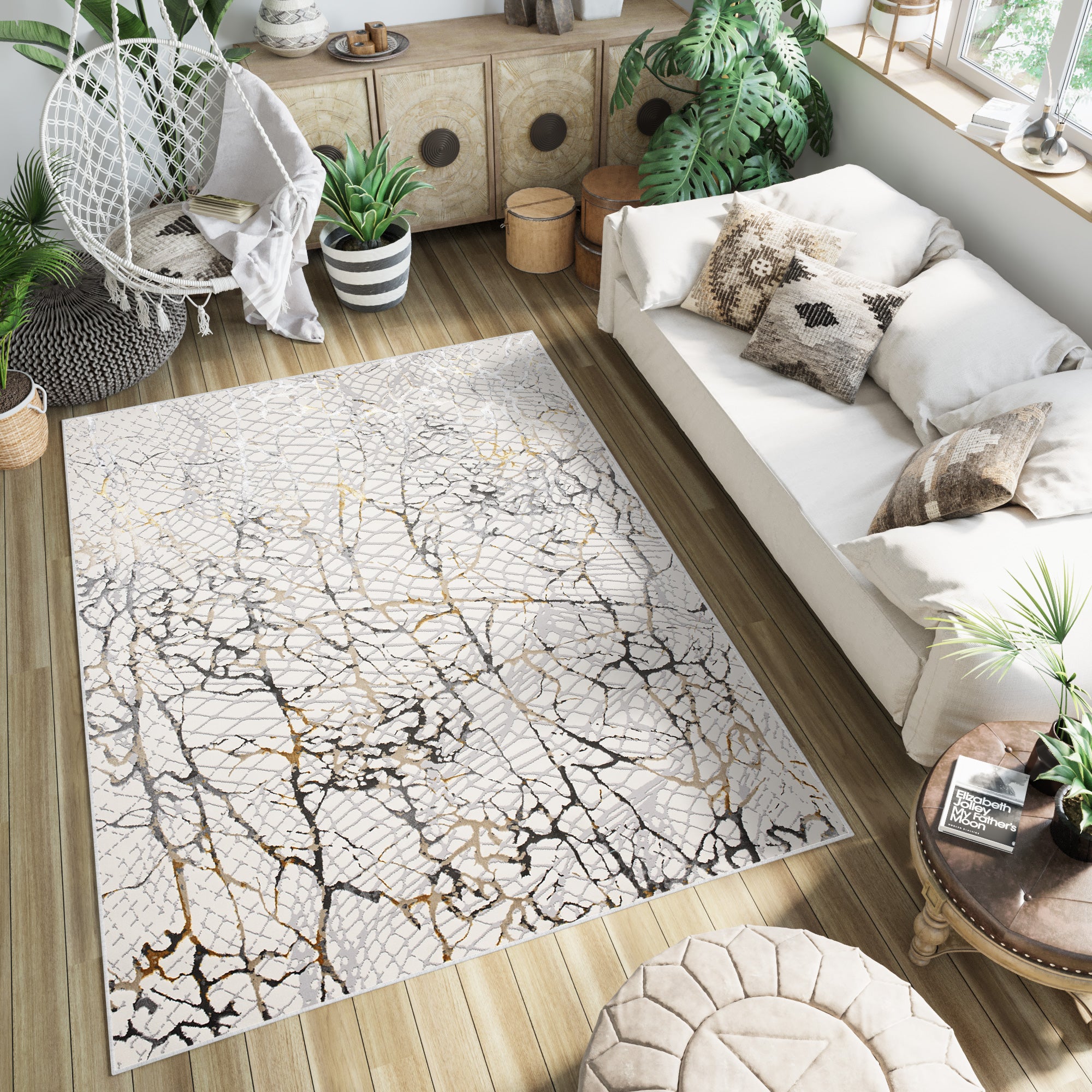 TAPISO Golden Tapis de Salon Moderne Gris Or Beige Crème Graphite Moucheté Motif Peau de Serpent ...