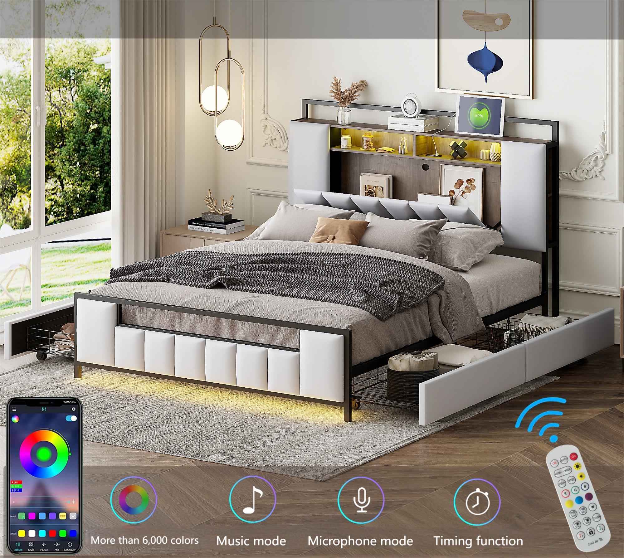 Lit adulte 160x200 cm en similicuir - avec LED et prise USB - 4 tiroirs ...