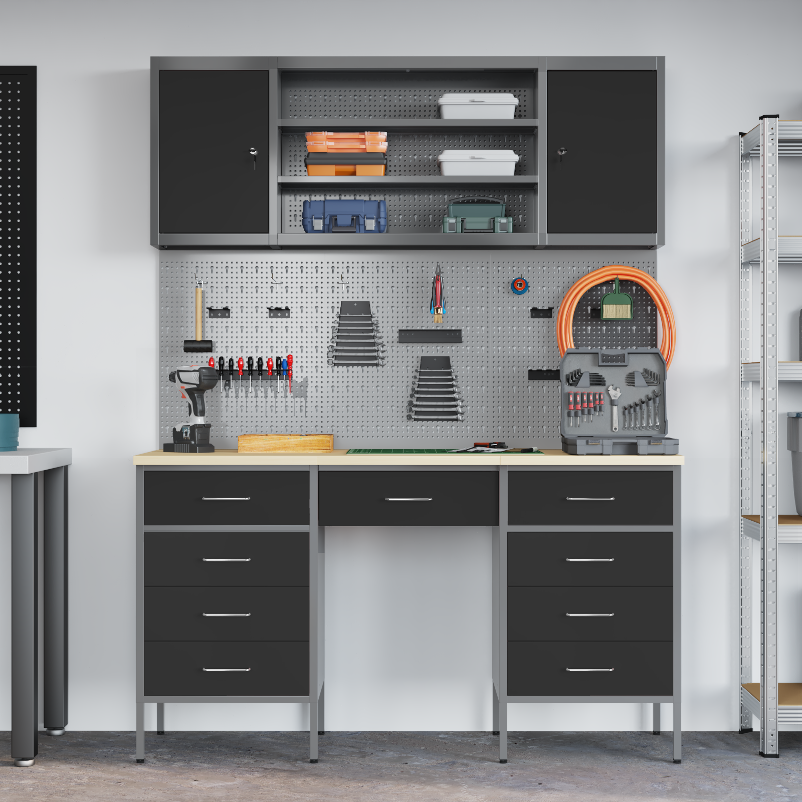 VidaXL Mueble de trabajo y panel perforado 7 piezas MDF y metal negro ...