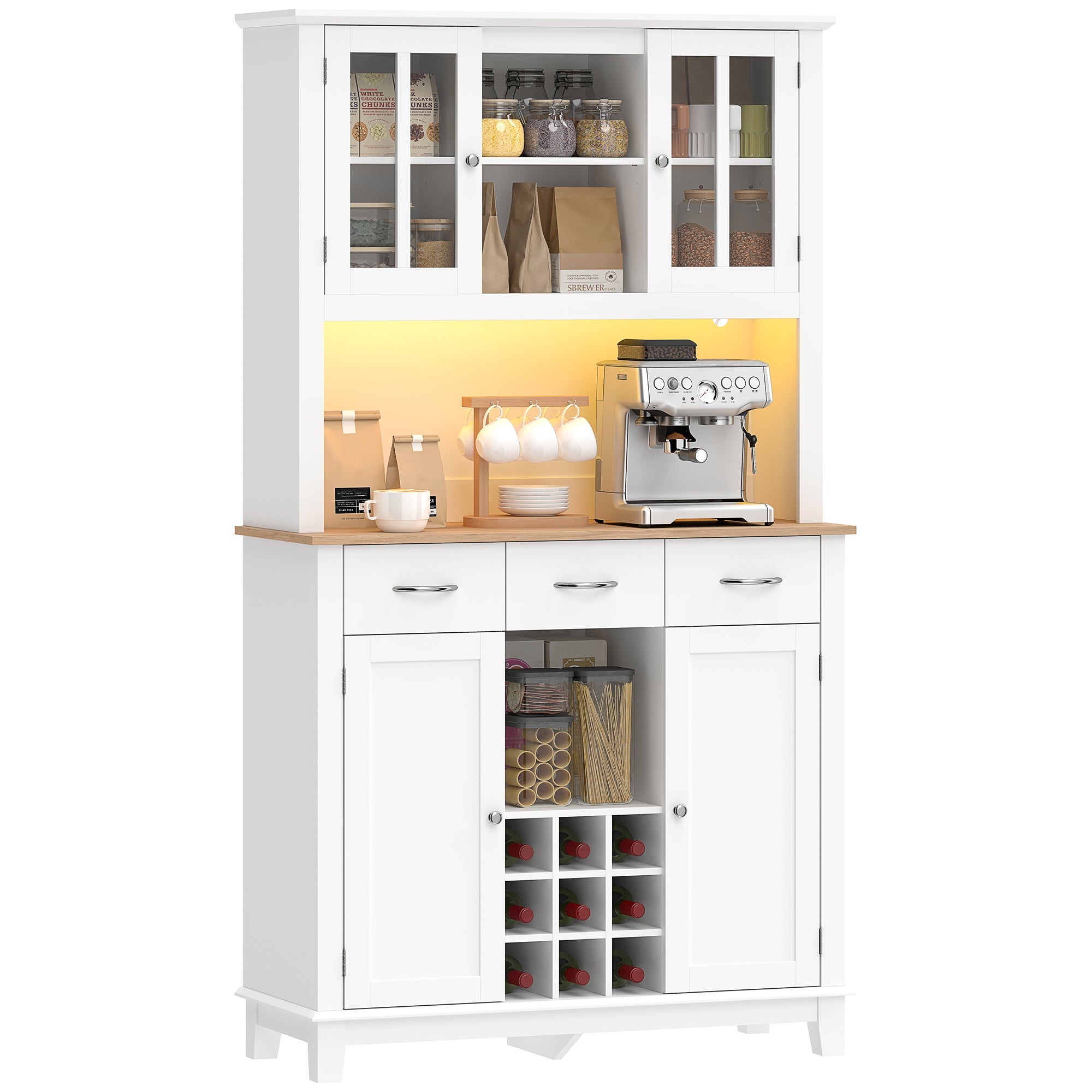 Meuble blanc LED app micro-ondes range-bouteilles portes vitrées ...