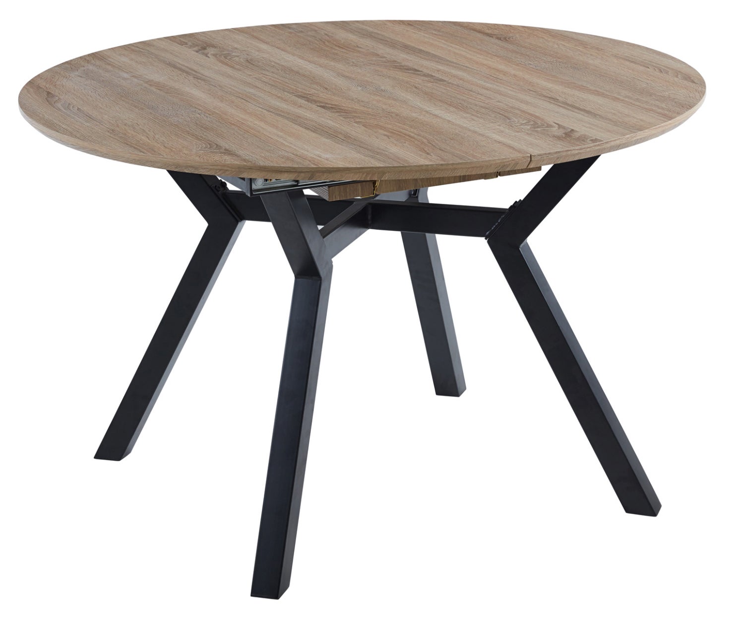 Table à manger ronde extensible en bois coloris chêne, pieds en métal ...