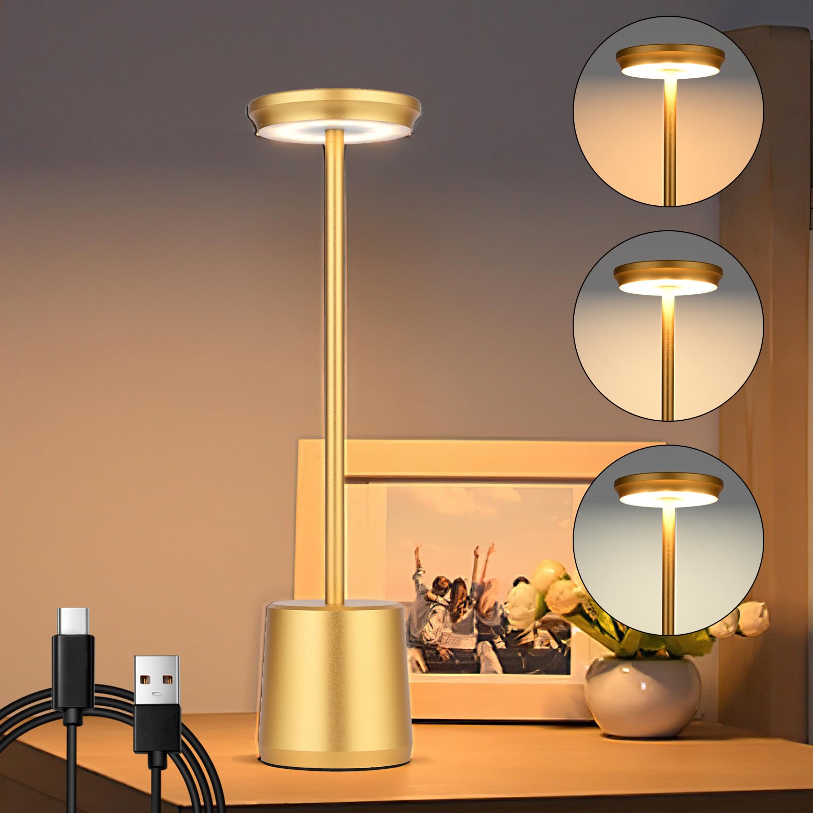 Lampe de table sans fil rechargeable, veilleuse à 3 niveaux de ...