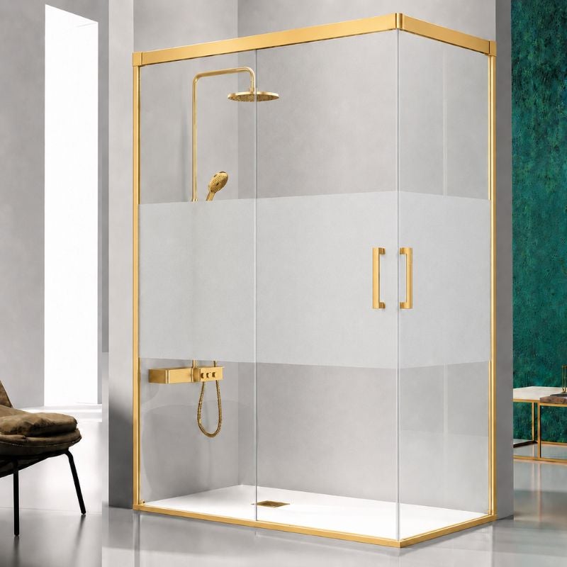 Mampara Ducha Angular Corredera GLASÉ Vidrio Decorado 6mm Oro Cepillado ...