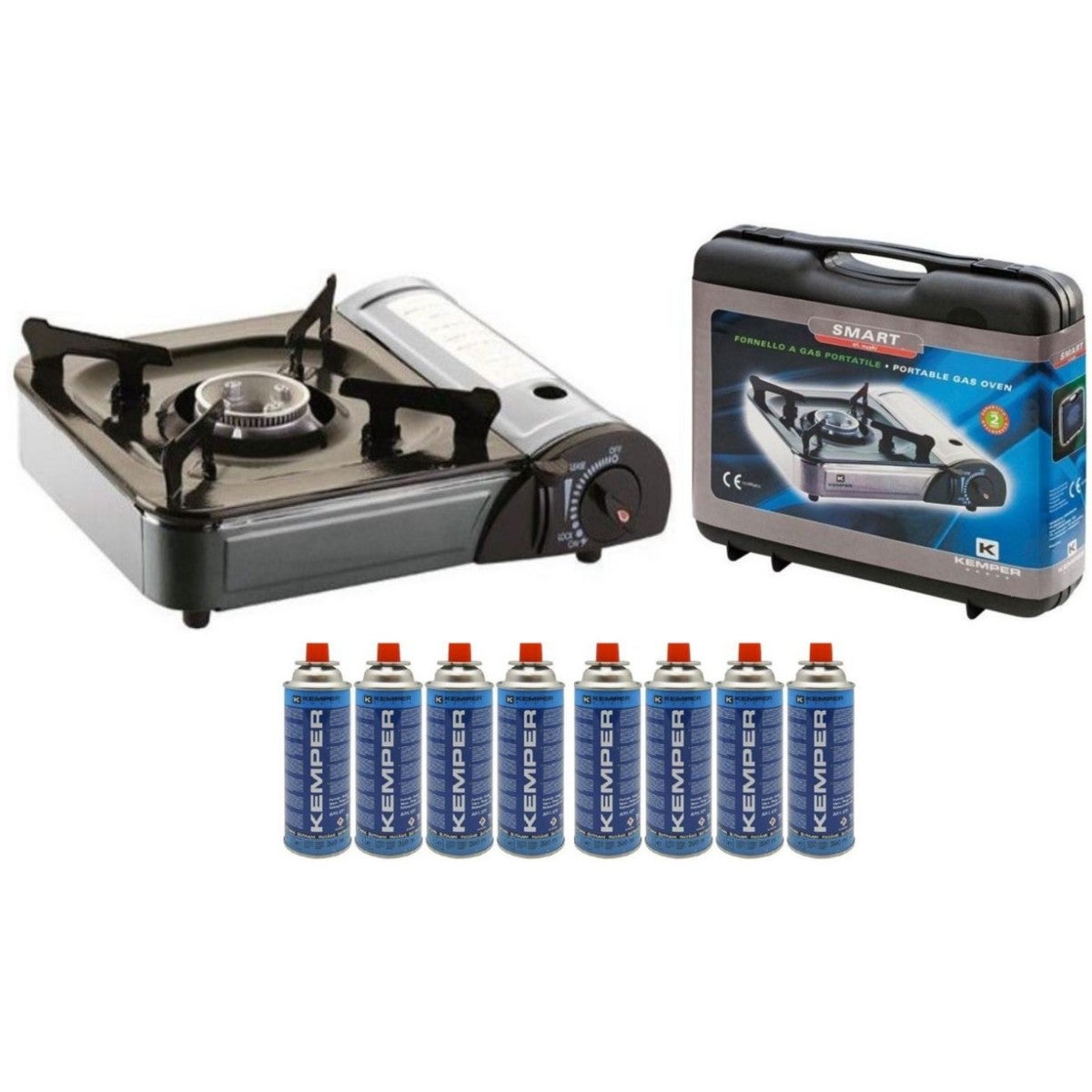 Réchaud gaz portable KEMPER 2200W Allumage piezo + 8 cartouches gaz ...