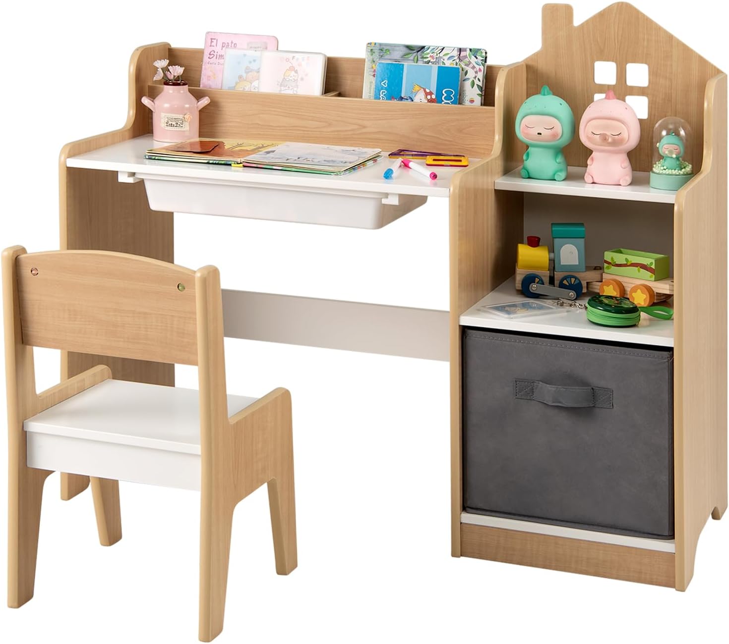 Bureau Enfant en Bois, Chaise & 2 Compartiments,Tiroir & Bac de ...