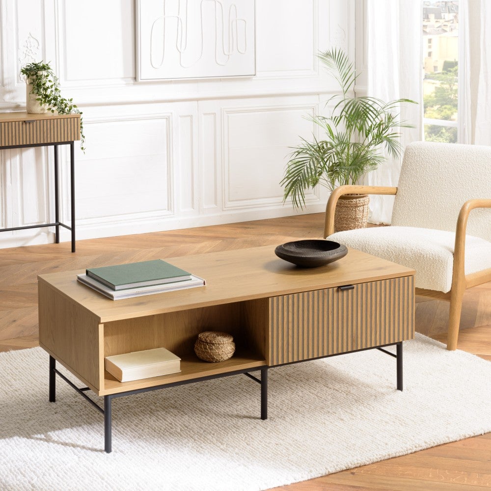 SCOTT - Table basse 2 tiroirs bois décor effet rainuré noir/naturel | Leroy Merlin