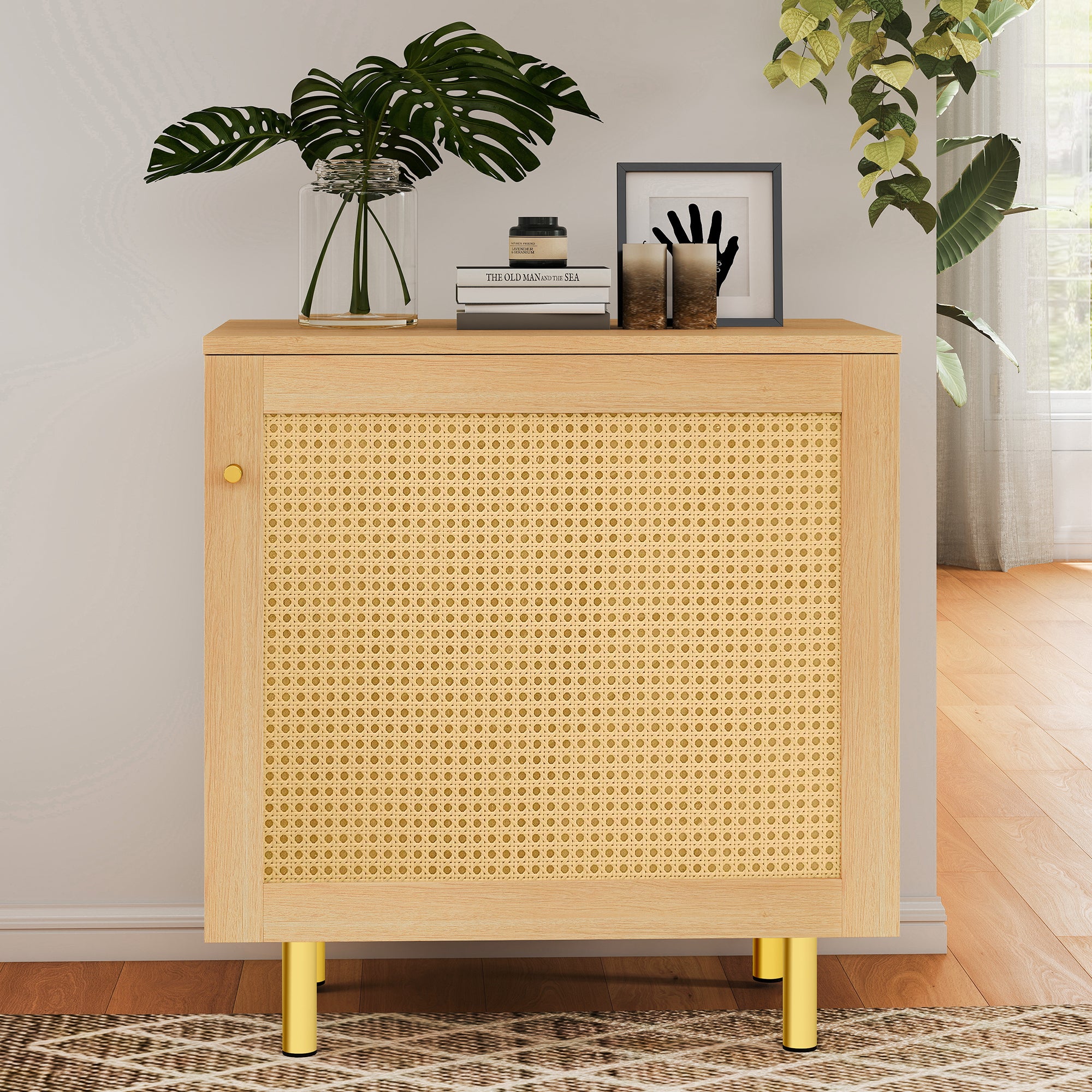 Pequeño mueble de almacenaje - Puerta de ratán trenzado y patas de ...