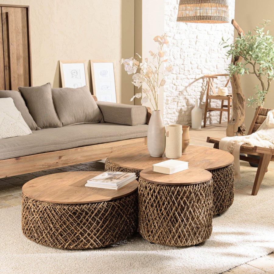 ALIDA - Set de 3 tables basses rondes en tissage de fibre de cocotier ...