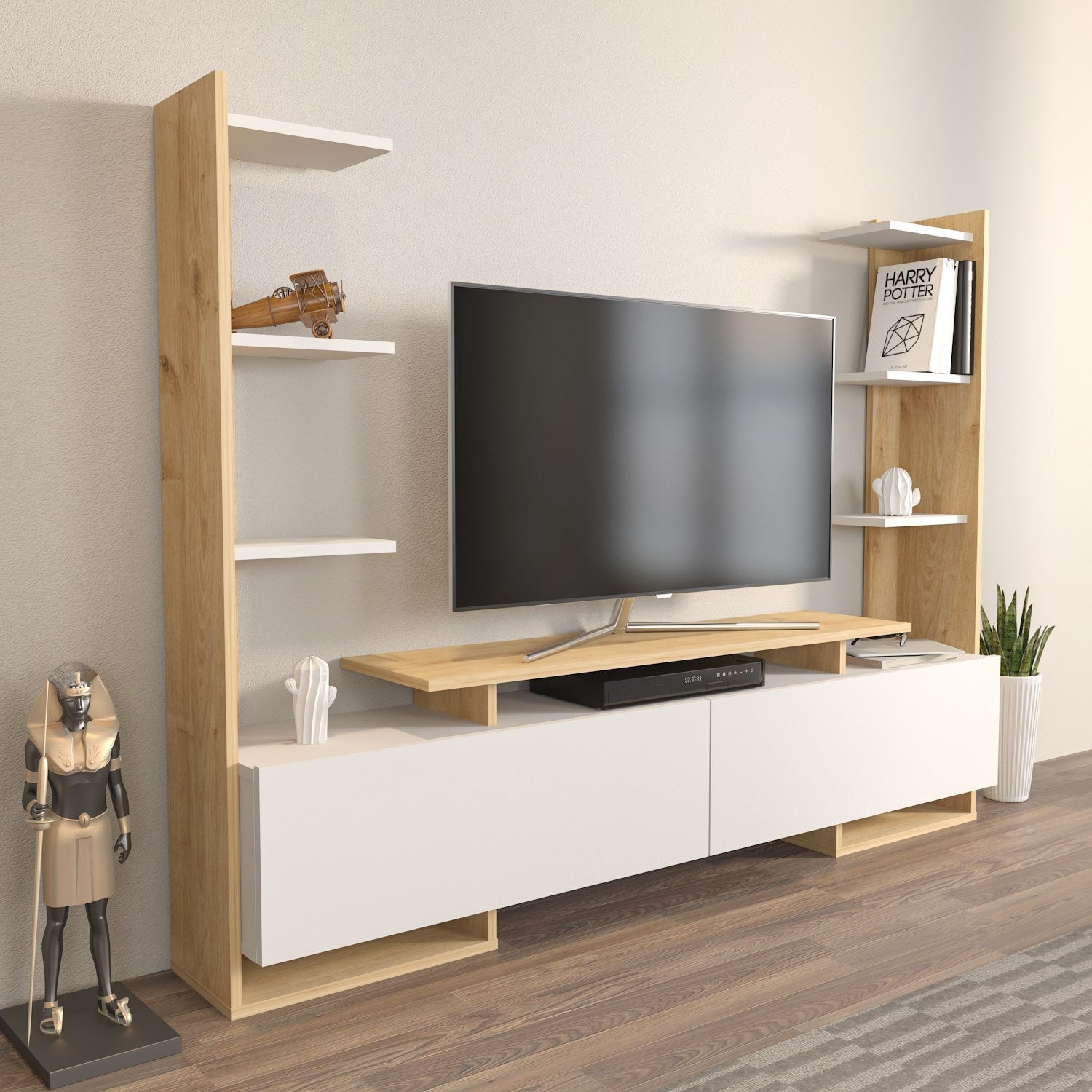 Meuble TV élégant, blanc et chêne, 183,6 x 140 x 31,7 cm | Panneau de ...