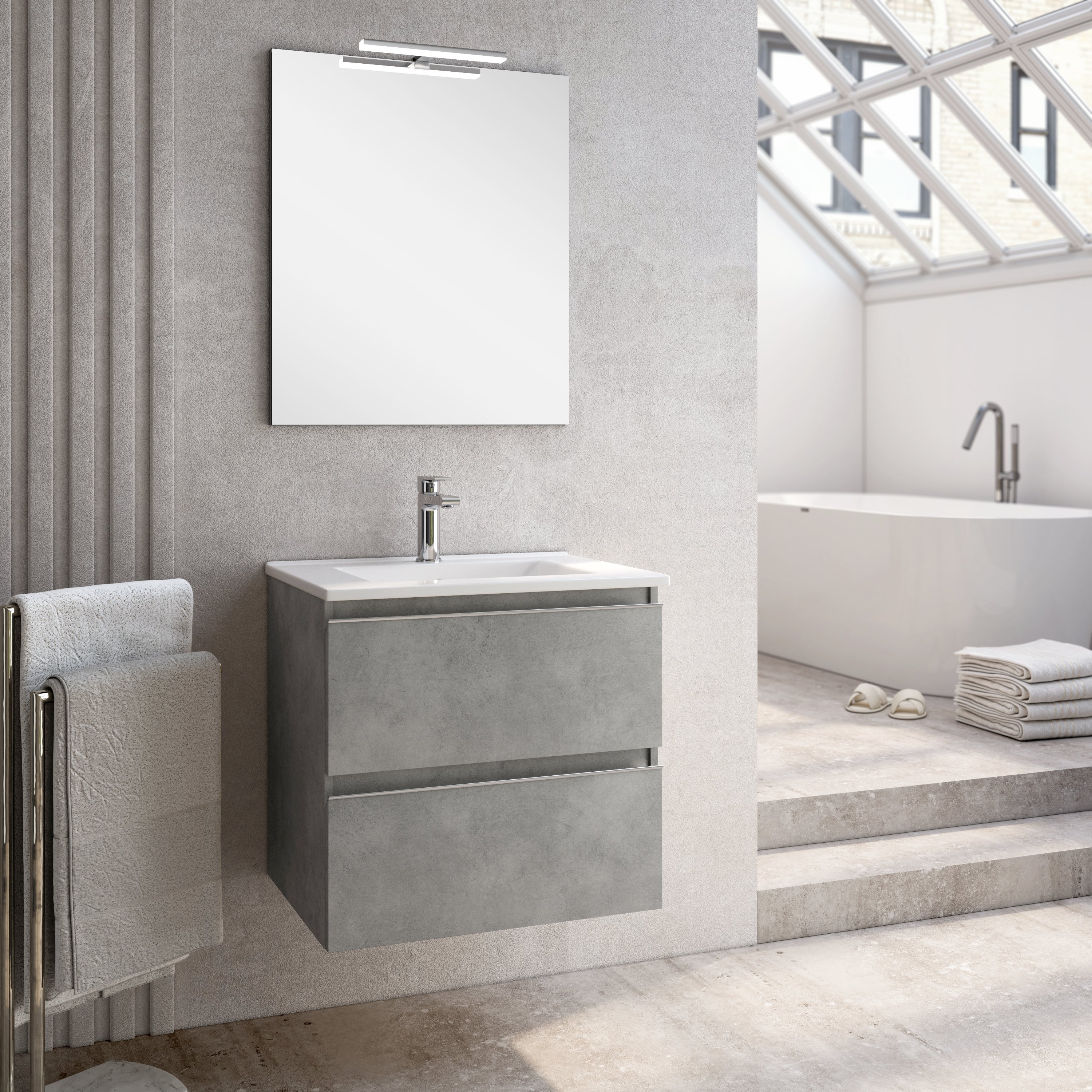 EGORE Meuble de salle de bain ROMA 2 Tiroirs Ciment 60x45 cm | Leroy Merlin