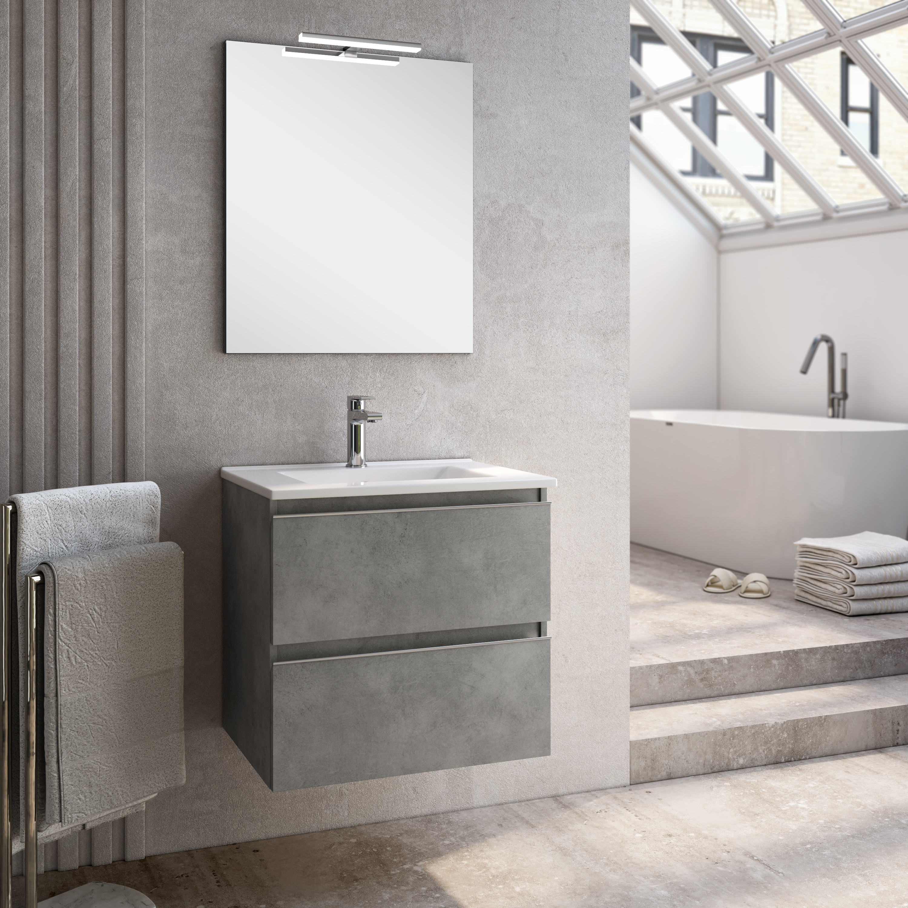 Pack Mueble de baño con Lavabo + Espejo ROMA 2 Cajones Cemento 60x45 cm ...