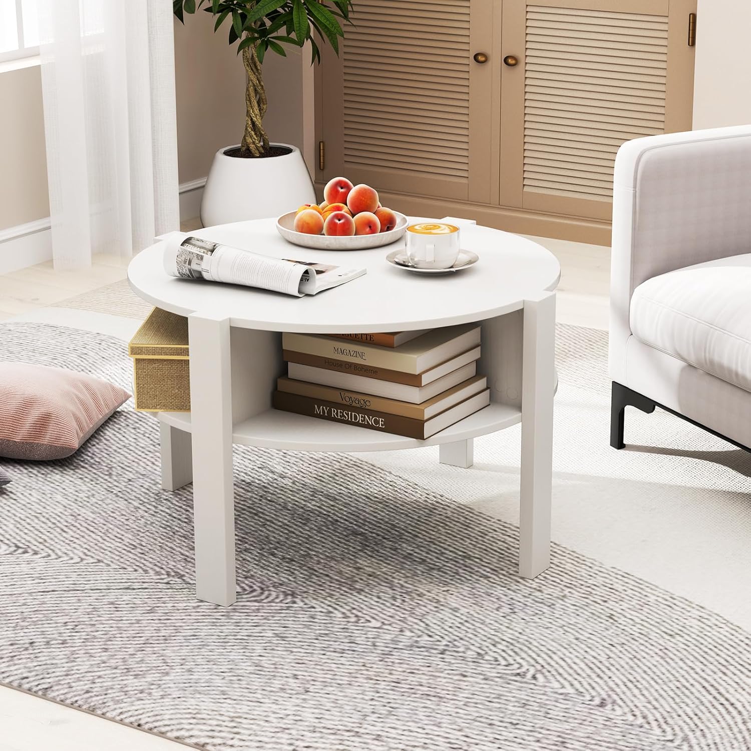 Table Basse Ronde 2 Niveaux, Table Ronde Bois avec Rangement, 4 ...