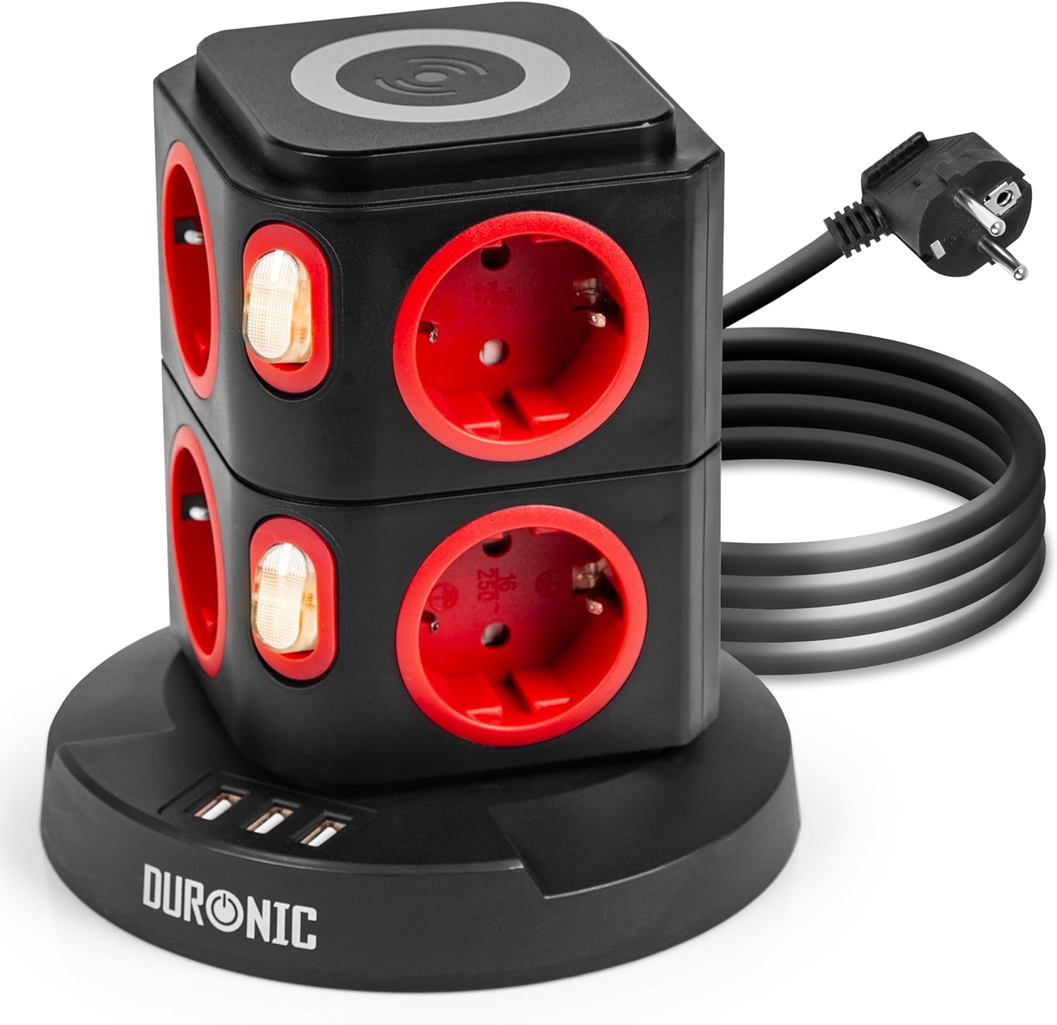 Duronic ET8W Regleta de enchufes | 3 puertos USB y carga inalámbrica | Base de enchufes de 8 ...