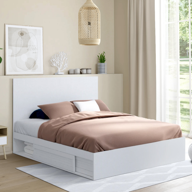 Lit double MELSA avec rangements tête de lit et sommier 140 x 190 cm ...