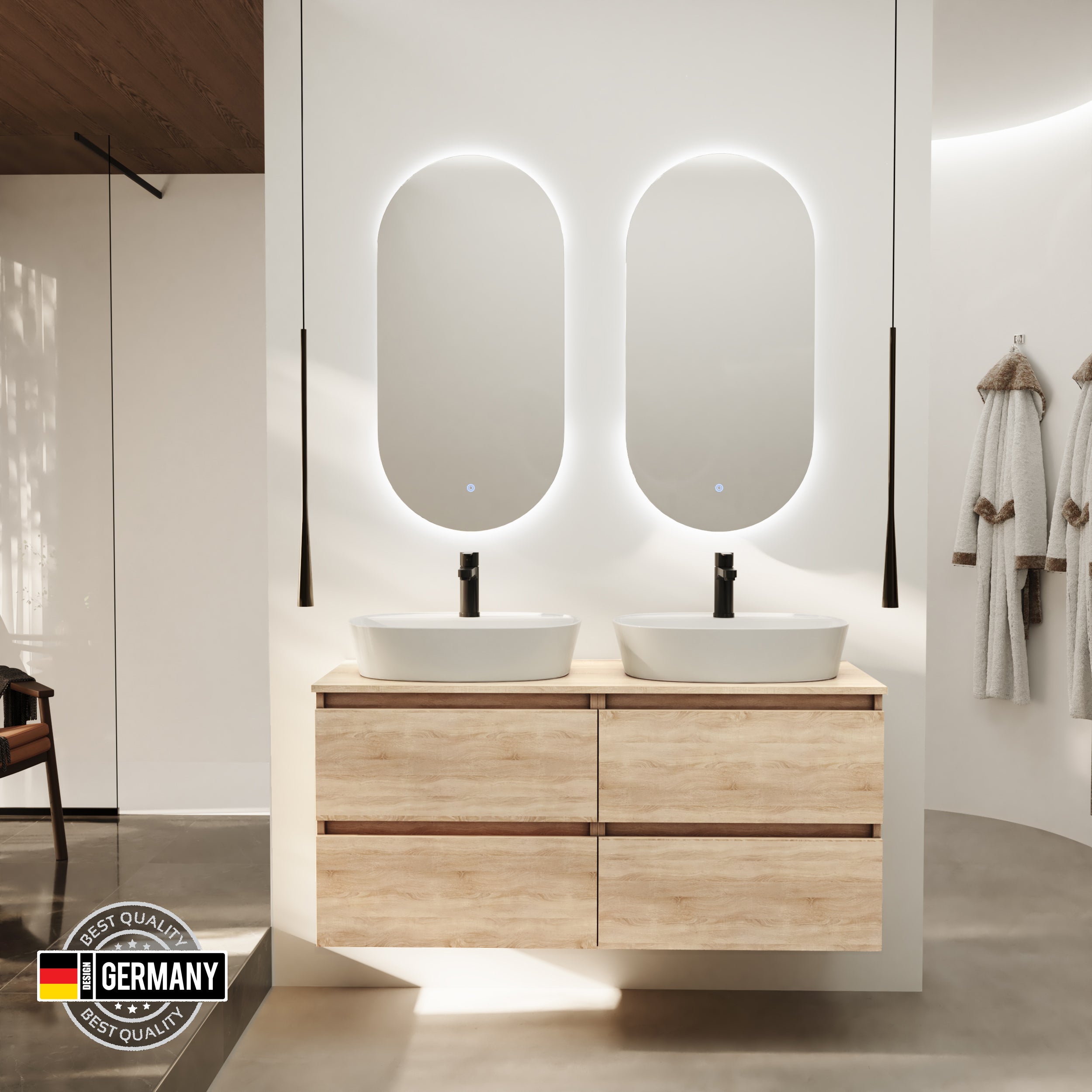 MEUBLE SALLE BAIN SUSPENDU ALTENA|120 CM CHÊNE EUROPÉEN|4 TIROIRS|PLAN ...