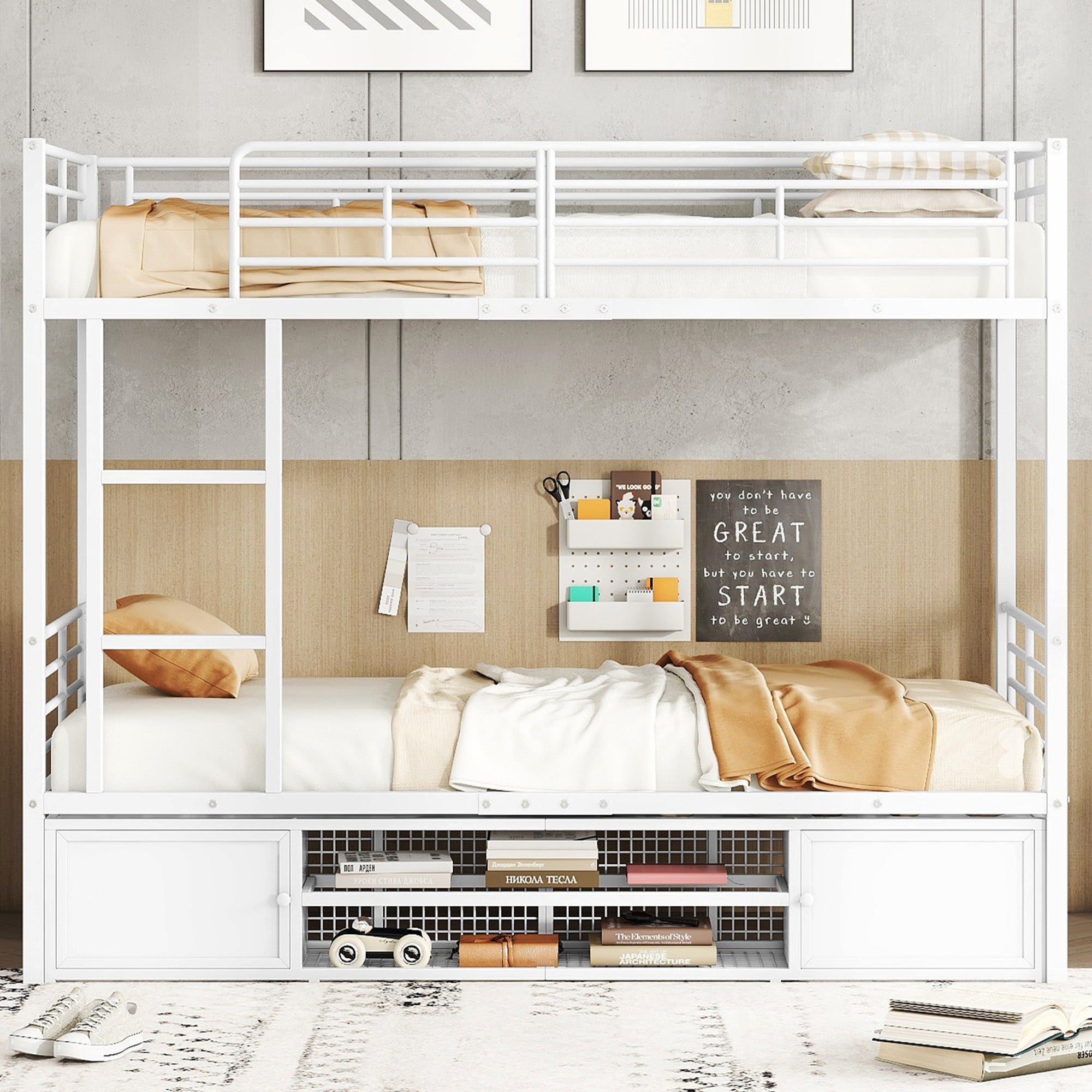 Cama litera 90 x 200 cm de hierro - con zapatero y escalera - blanco ...