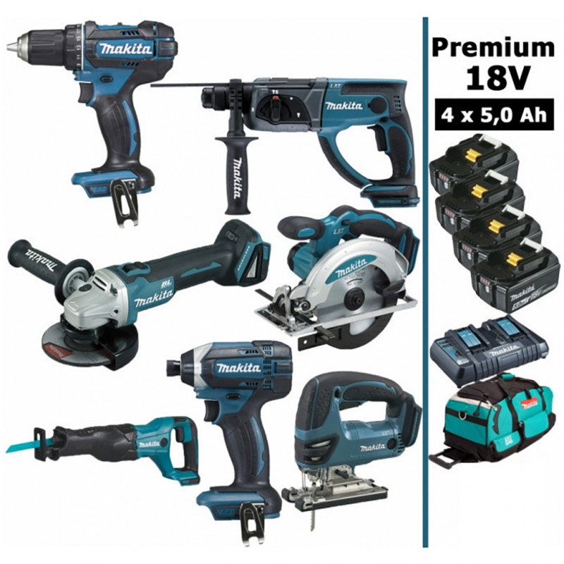Pack Makita 7 machines 18V 5Ah: Perceuse DDF482 + DTD152 + DGA504 ...