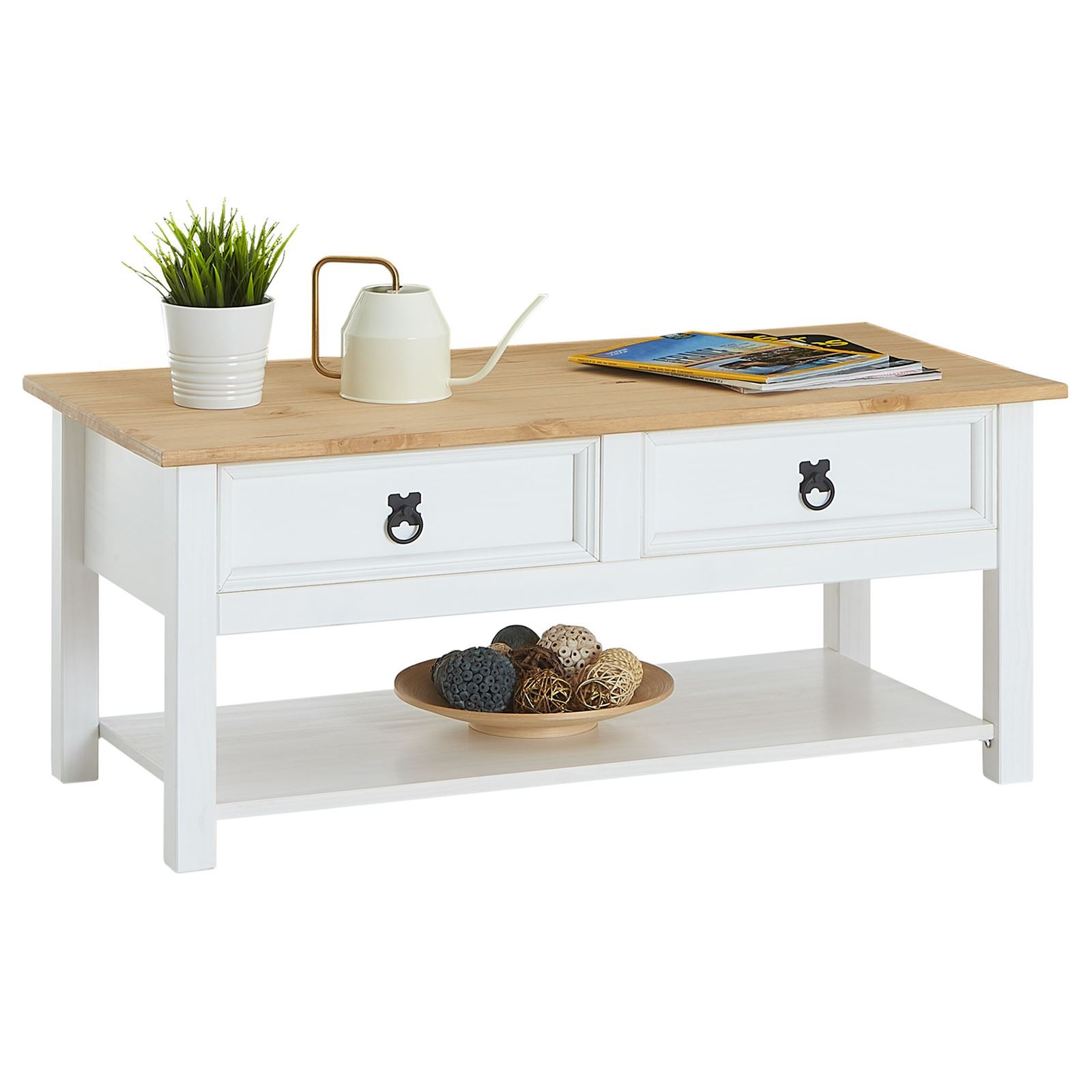 Table basse TEQUILA style mexicain avec 2 tiroirs, en pin massif blanc ...