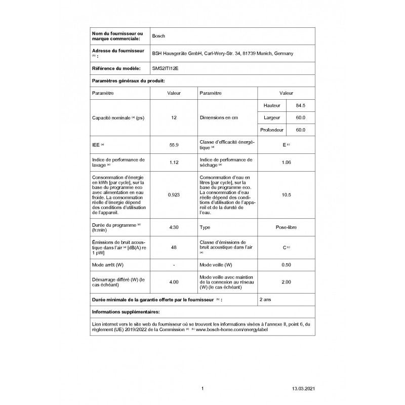 Lave-vaisselle pose libre BOSCH 12 Couverts 60cm E, SMS2ITI12E | Leroy ...