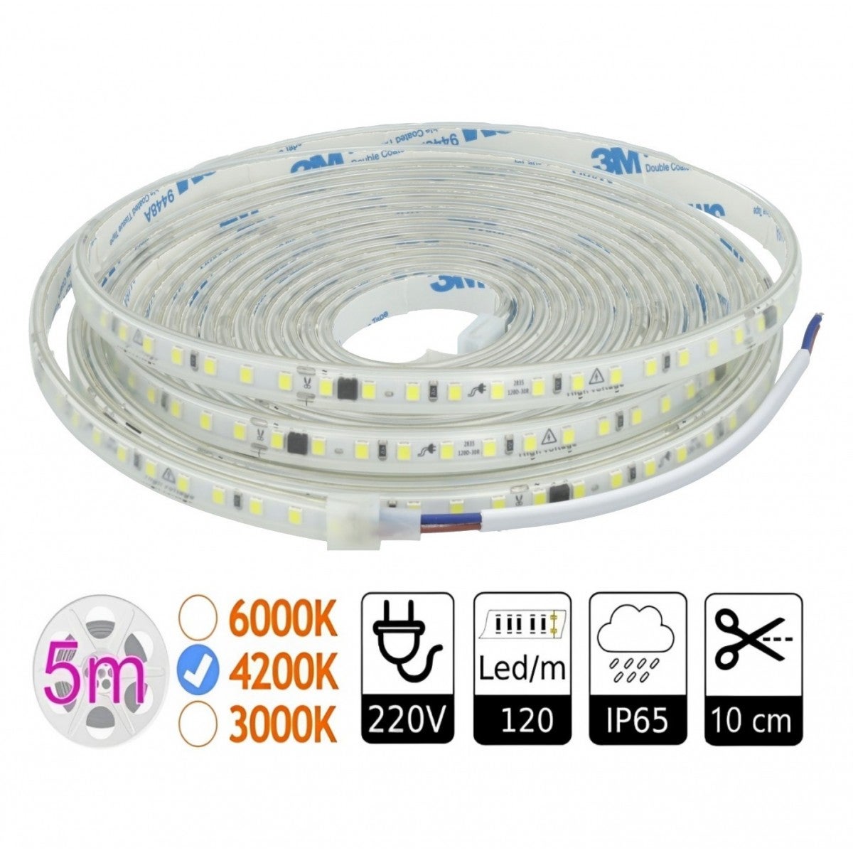 Ruban Led Bande led 220V 4200K sans besoin de redresseur. Découpe 10cm ...