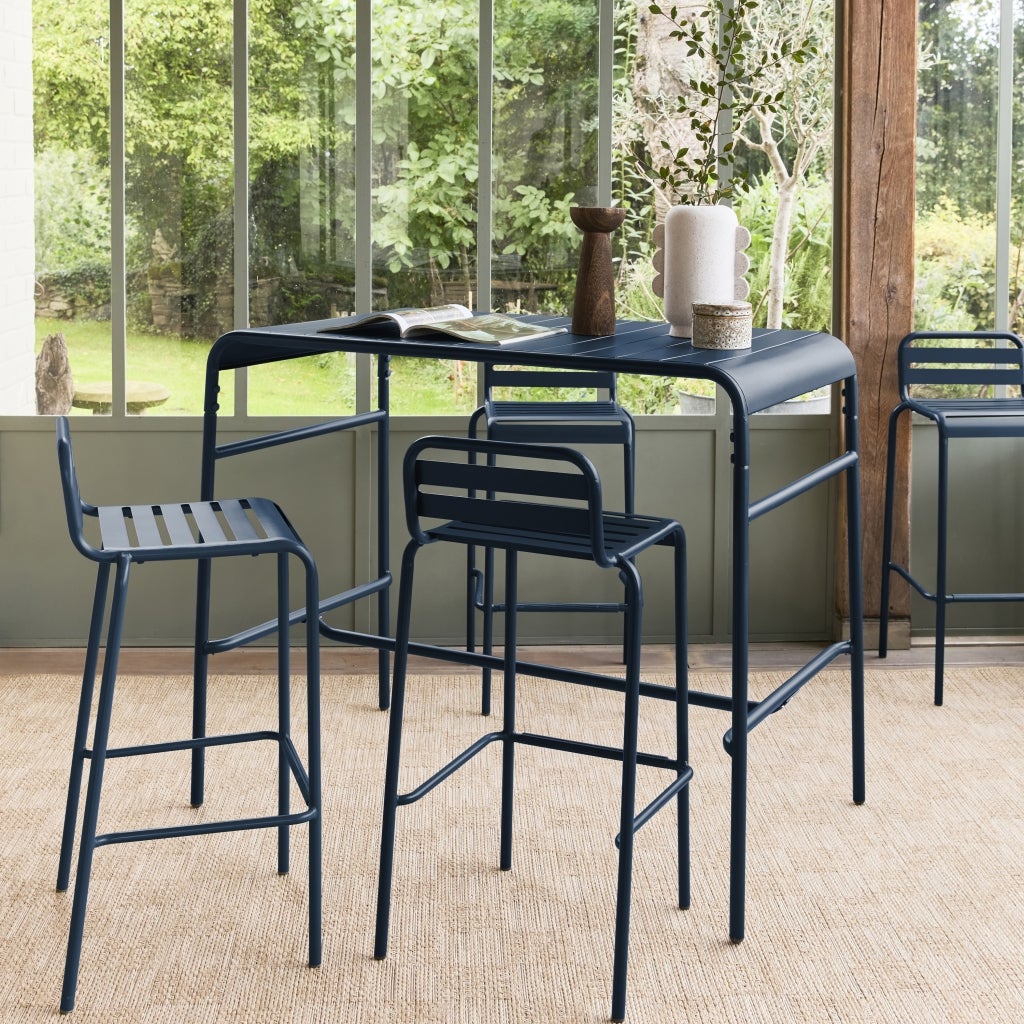 Table haute de jardin acier + 4 assises AMELIA bleu marine. 4 chaises ...